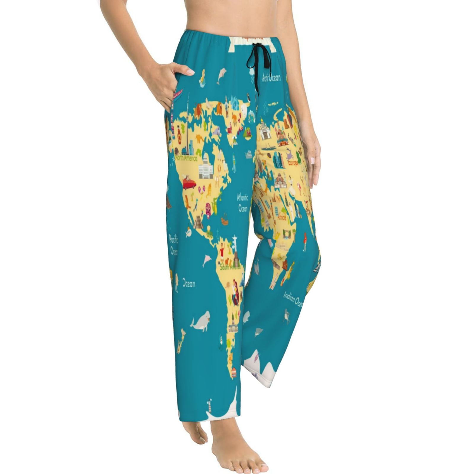 Goofa World Map With Landmarks Printed Soft Pajama Pants for Women ...