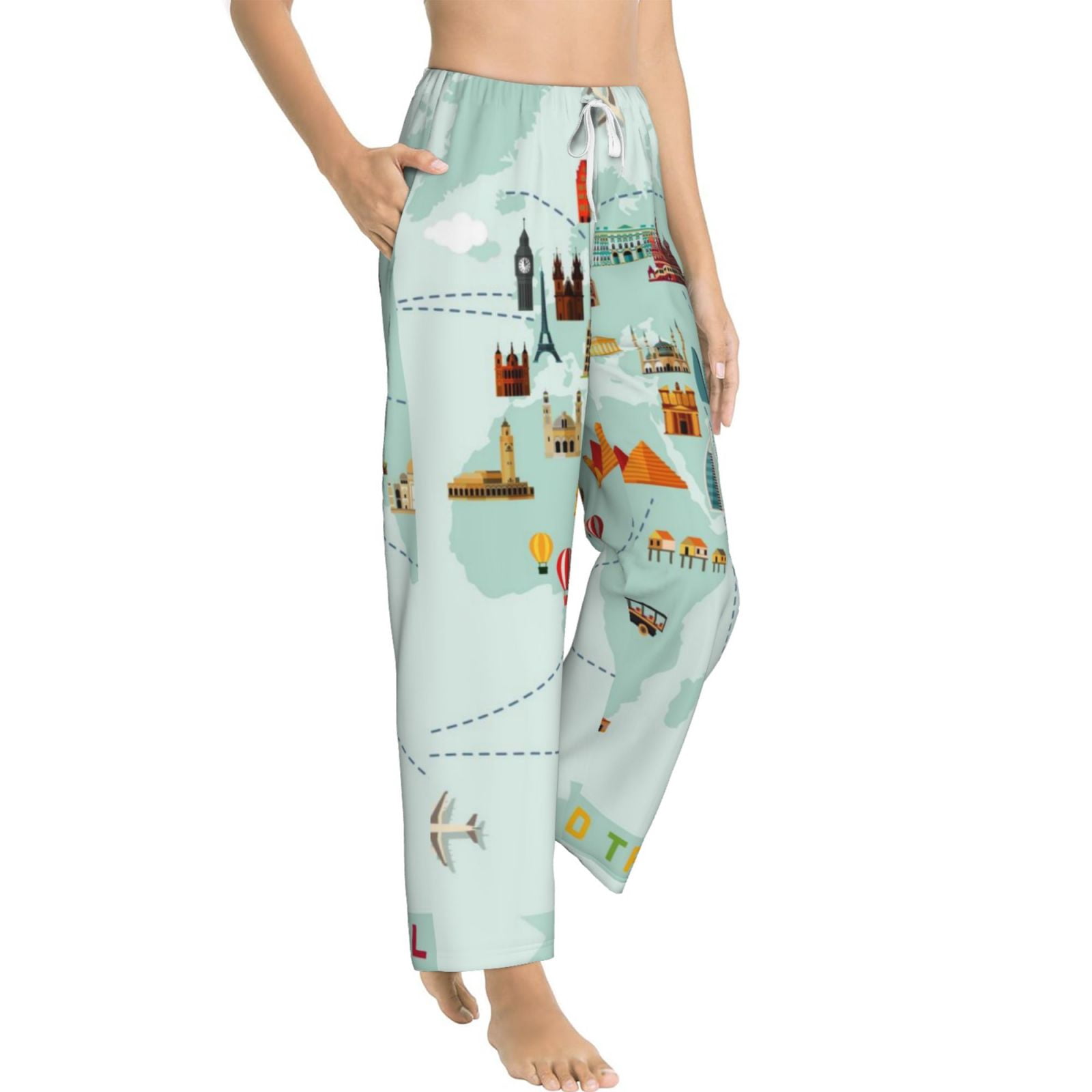 Goofa World Travel Map Printed Soft Pajama Pants for Women, Wide Leg ...