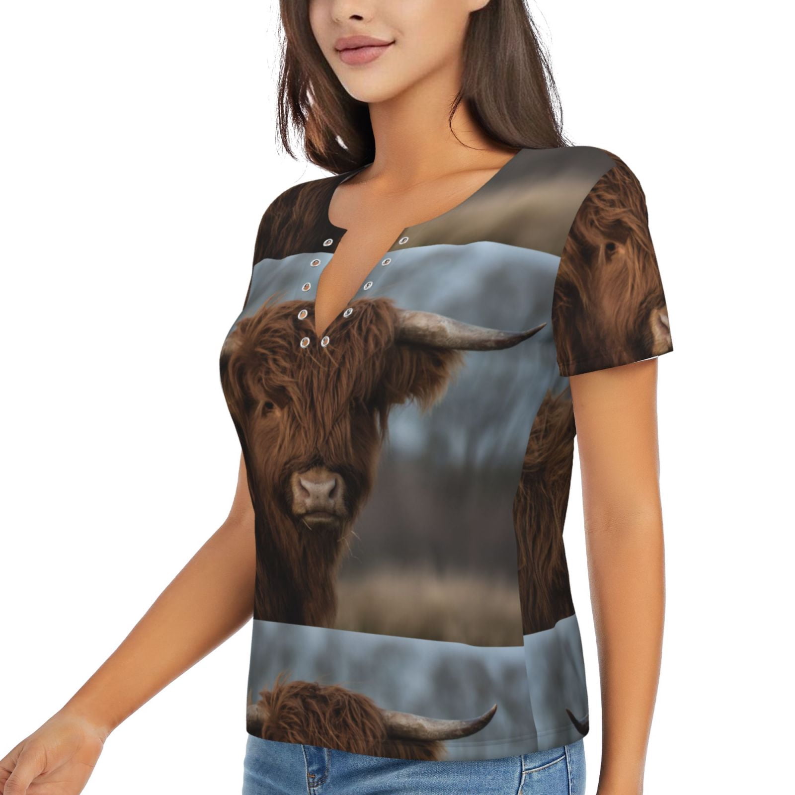 Goofa Yak Pattern Womens Deep V Neck Low Cut Tops Casual Summer Short ...