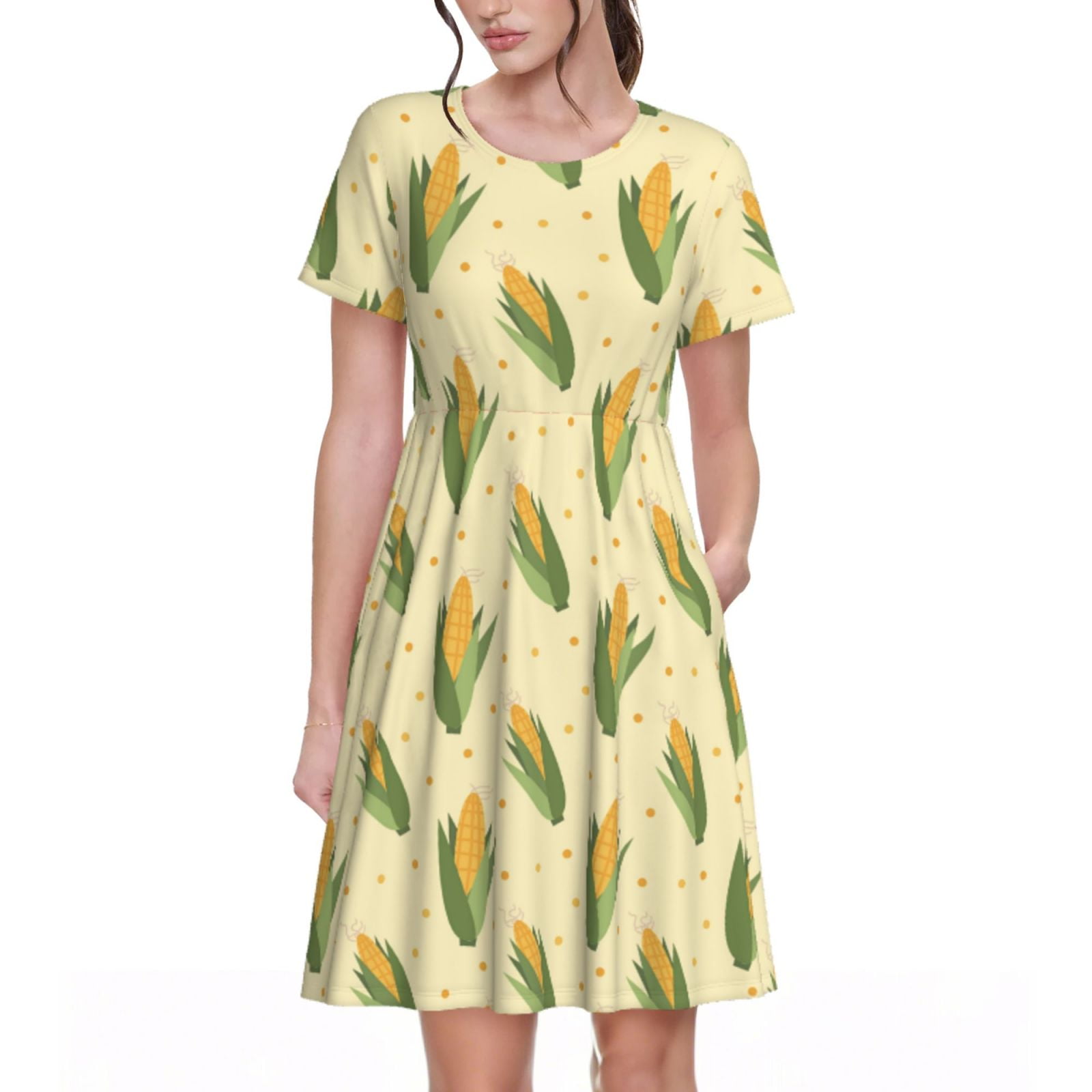 Goofa Yellow Corn Pattern Women Summer Short Sleeve Midi Dress with ...