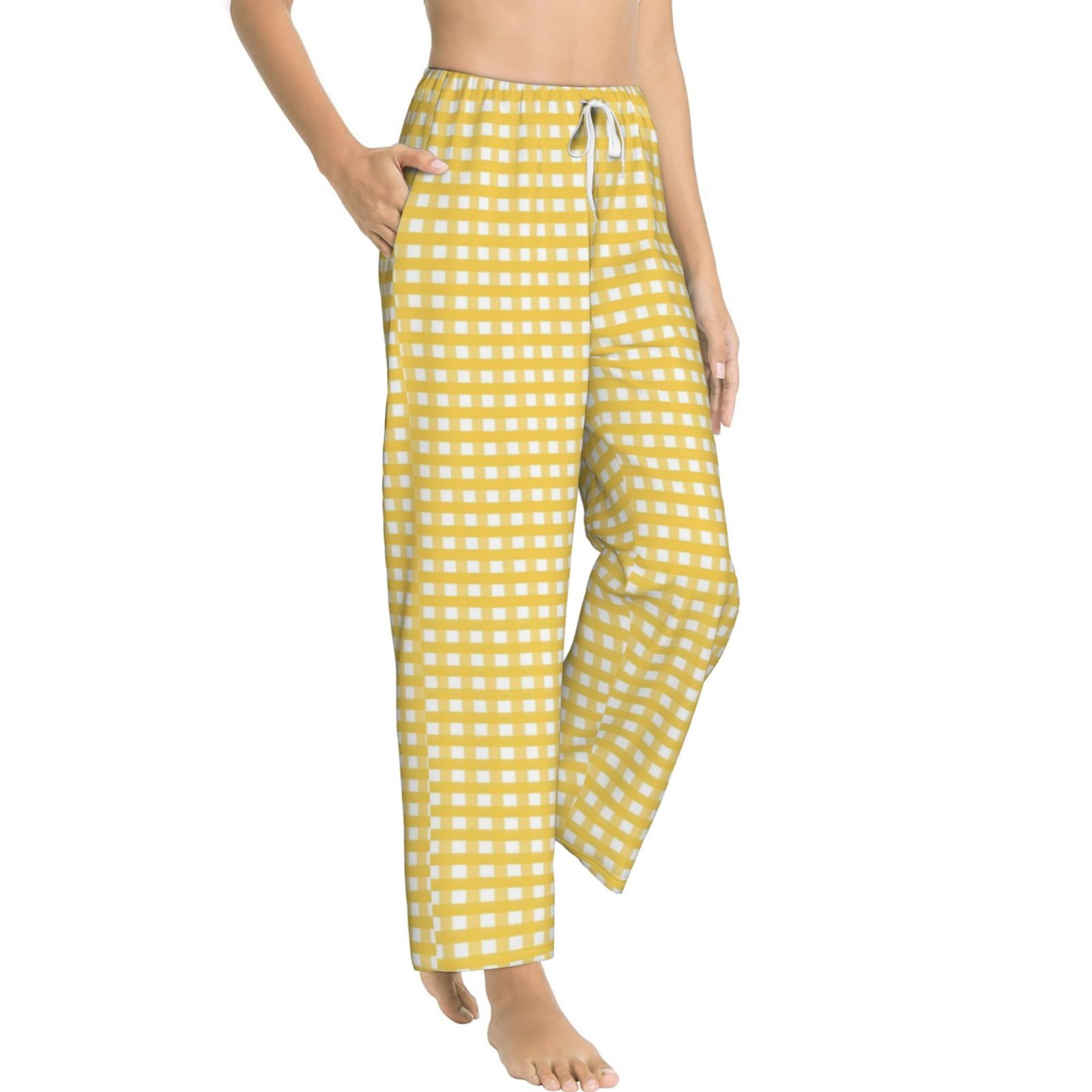 Goofa Yellow Gingham Printed Soft Pajama Pants for Women, Wide Leg ...