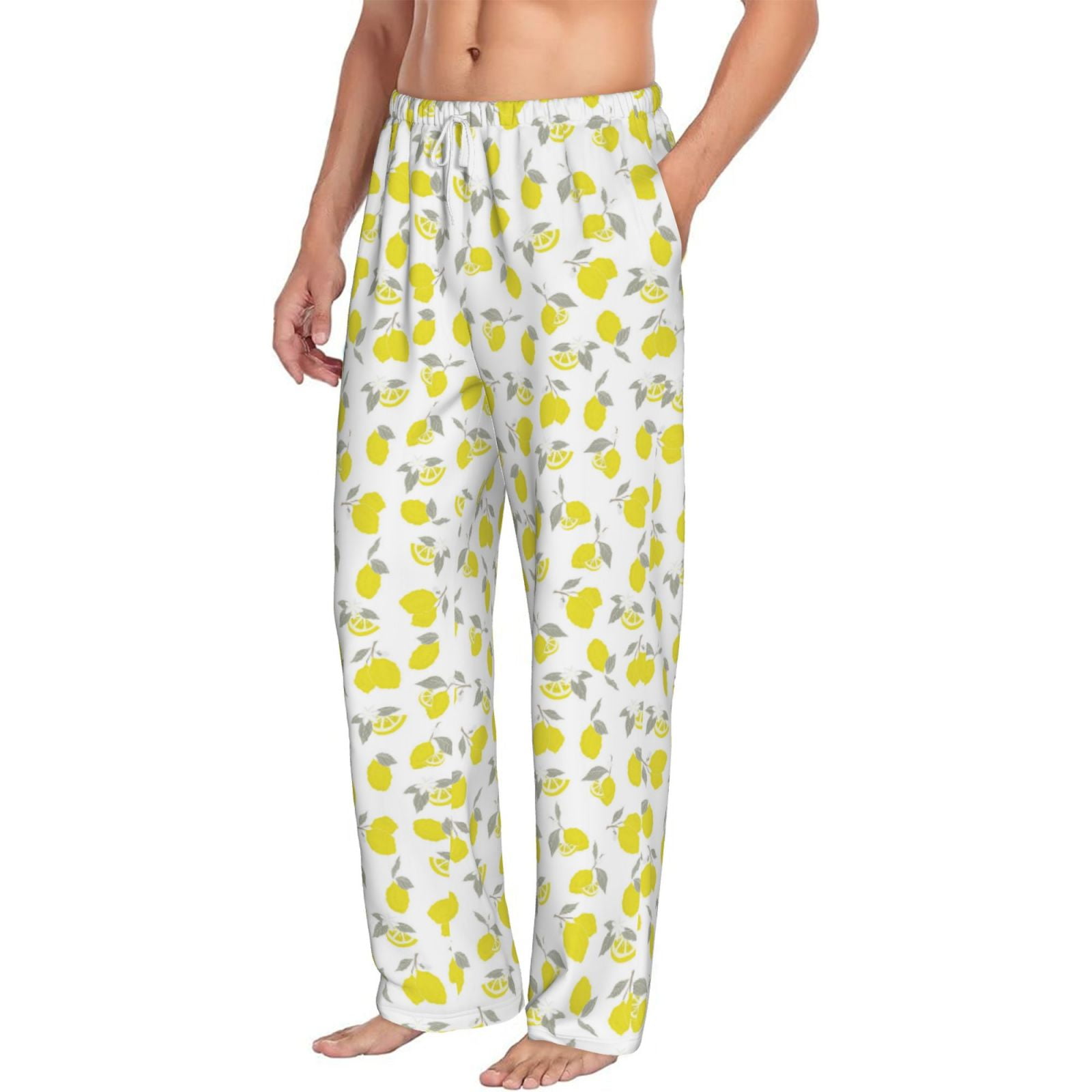 Goofa Yellow Lemon Leaves Printed Soft Pajama Pants for Men, Wide Leg ...