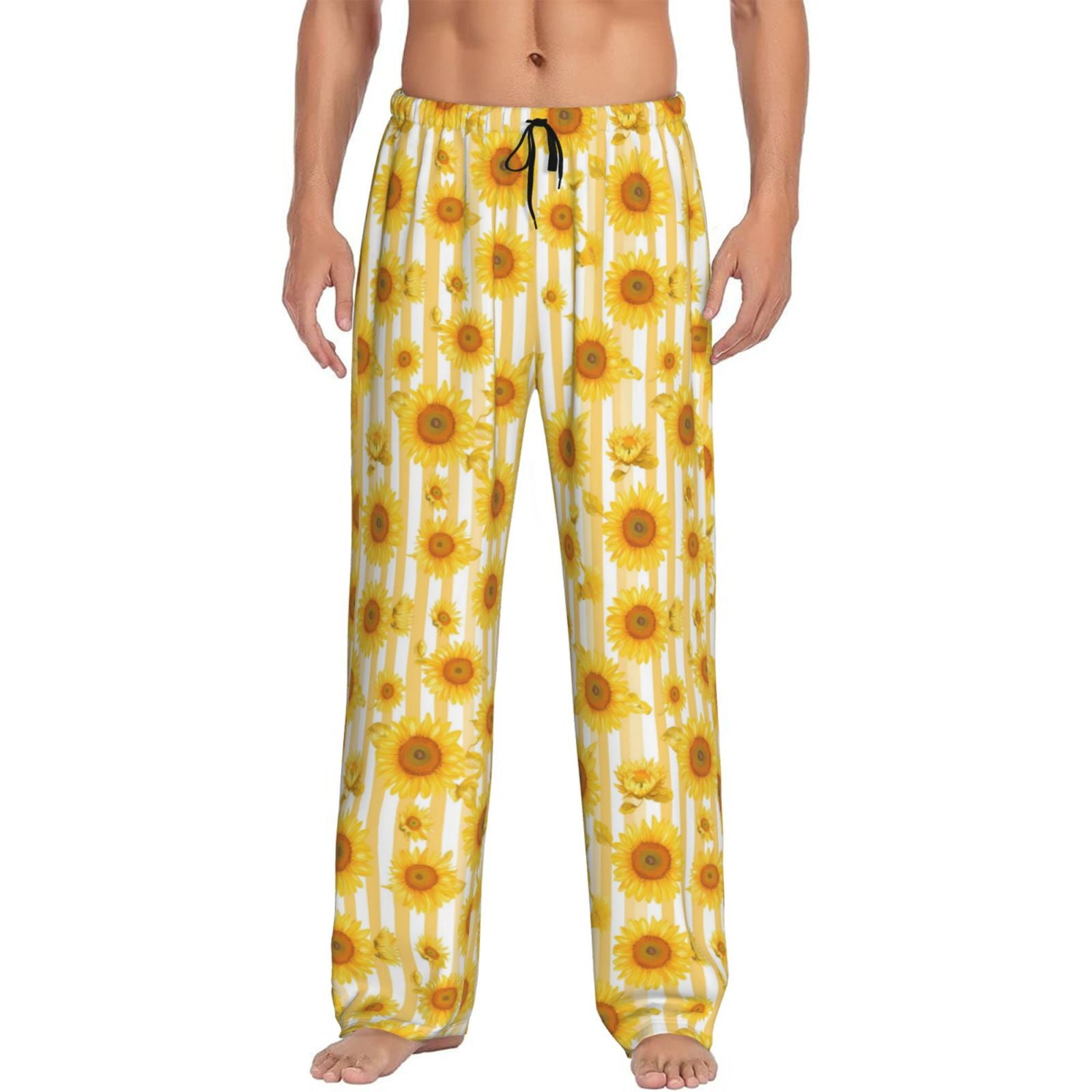 Goofa Yellow White Striped Sunflower Pattern Printed Soft Pajama Pants ...