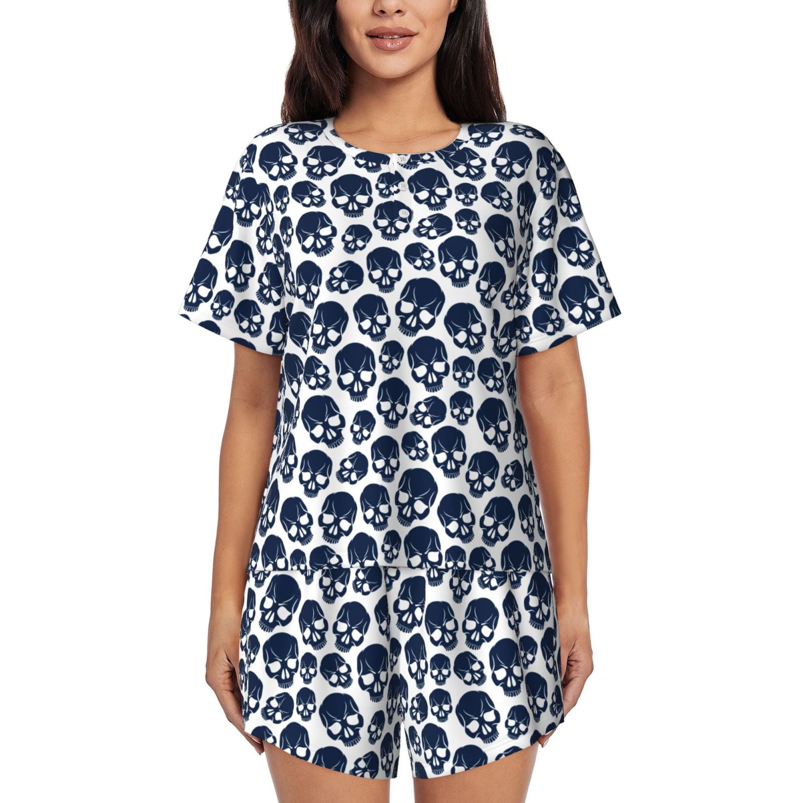 Goofa black Skull white for Womens Cotton 2 Piece Pajamas Set Classic ...