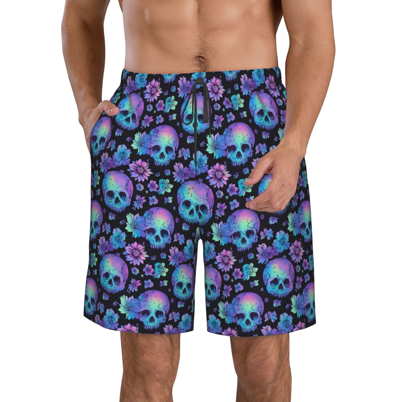 Goofa Blue Daisy Skull Flower Printed Mens Swim Trunks Summer Quick Dry