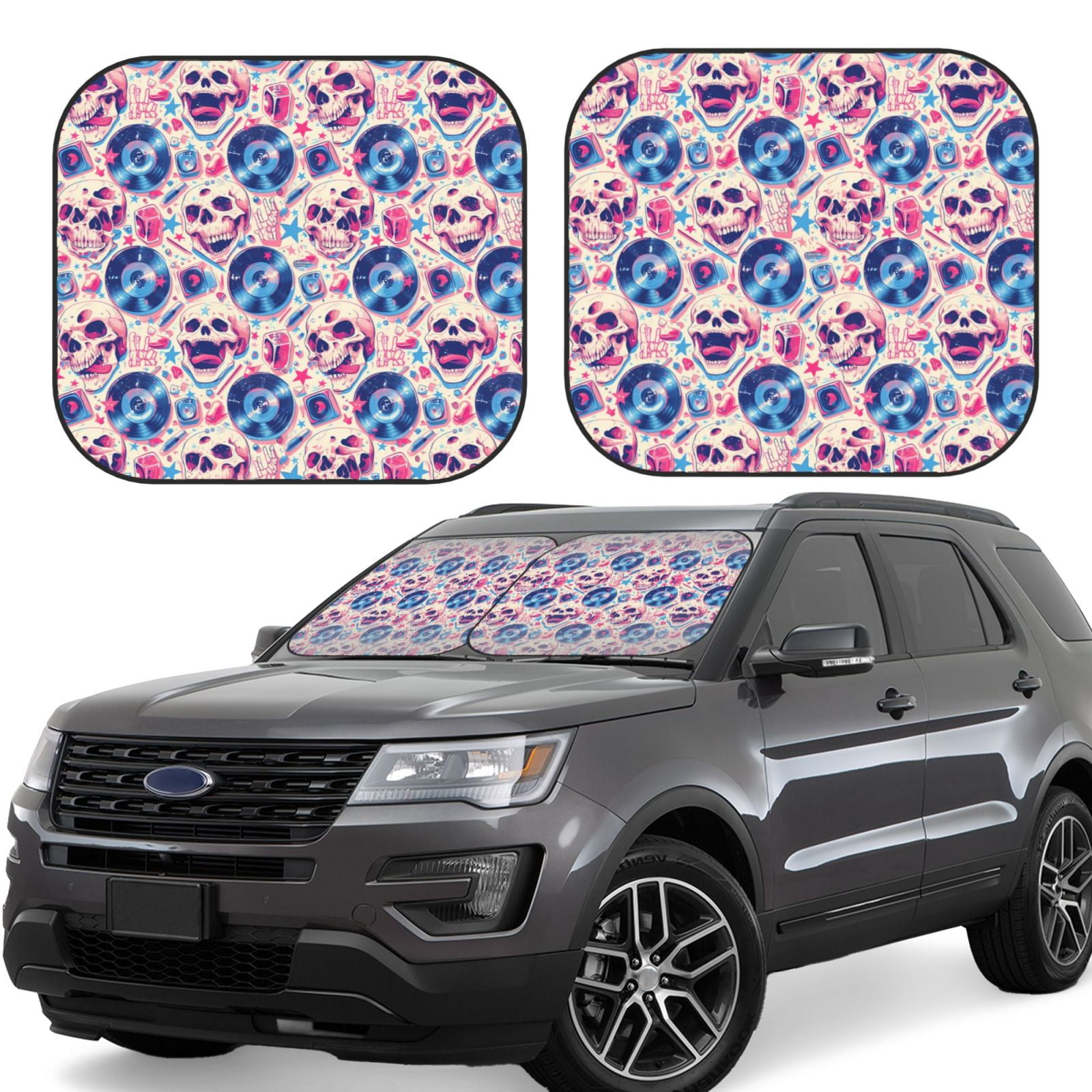 Goofa blue record rock Skull Pattern 2 Piece Car Windshield Sun Shade ...