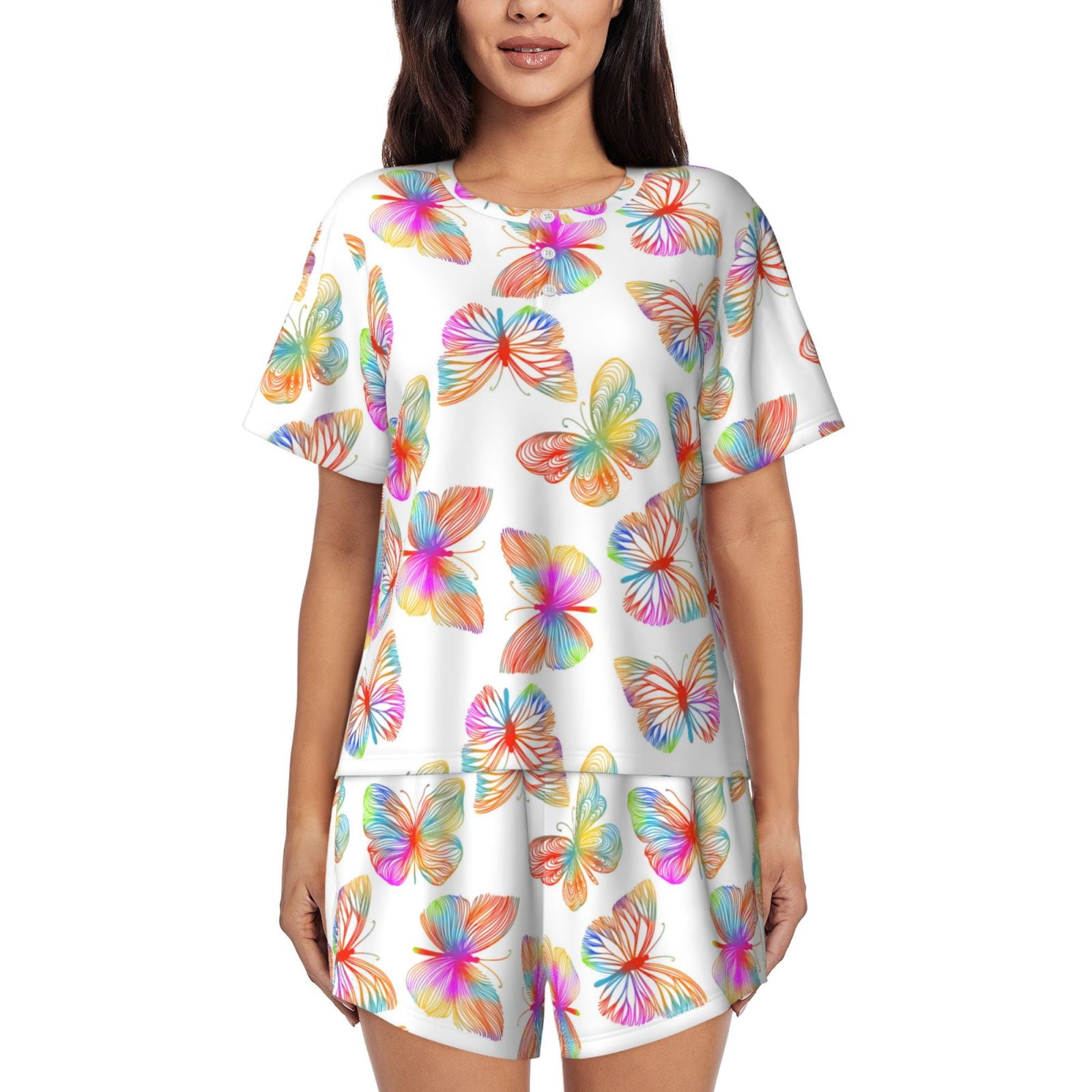 Goofa colored butterflies for Womens Cotton 2 Piece Pajamas Set Classic ...