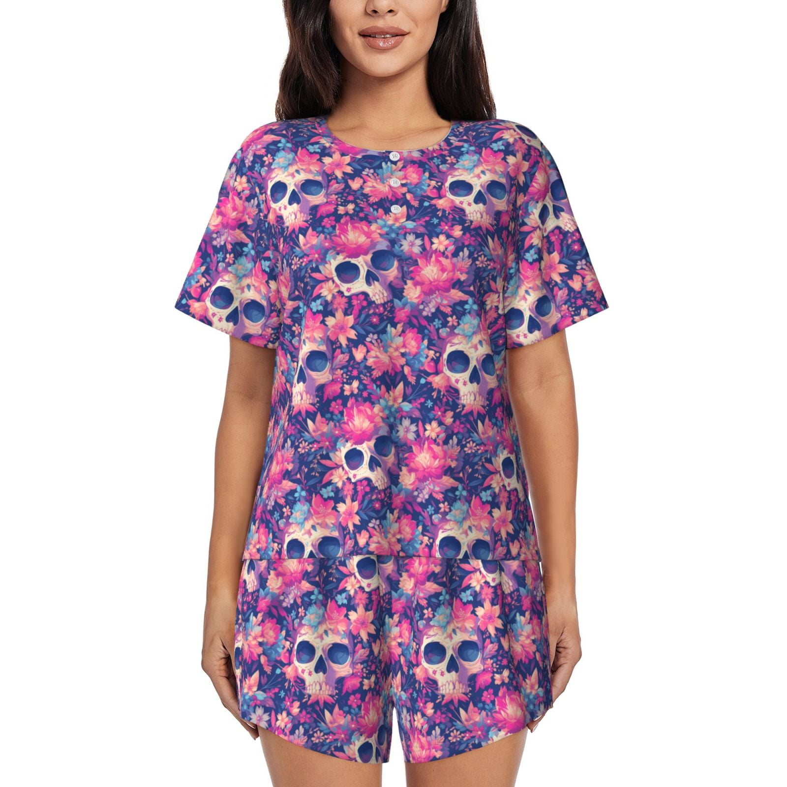 Goofa cool Skull flower colorful for Womens Cotton 2 Piece Pajamas Set ...