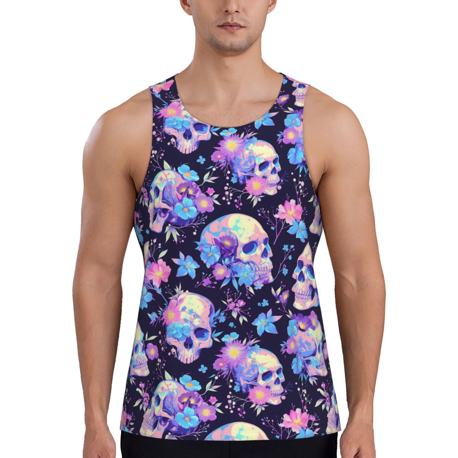 Goofa cool flower Skull Pattern Men's Workout Tank Top Slim-Fit Tank ...
