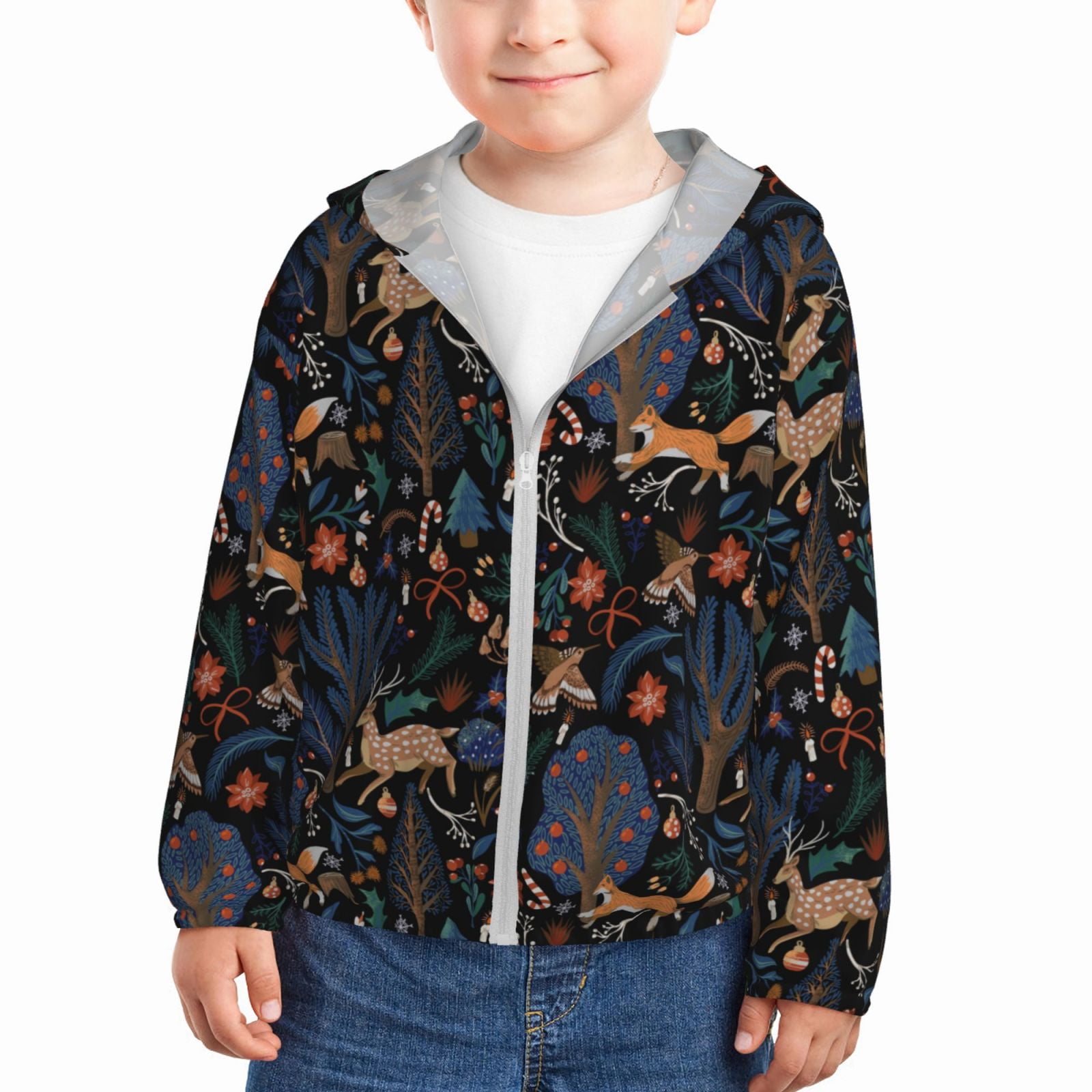 Goofa fall fox deer bird Printed Kids Zip-Up Hoodie Girls Boys UPF50+ Sun Protection Jacket ...