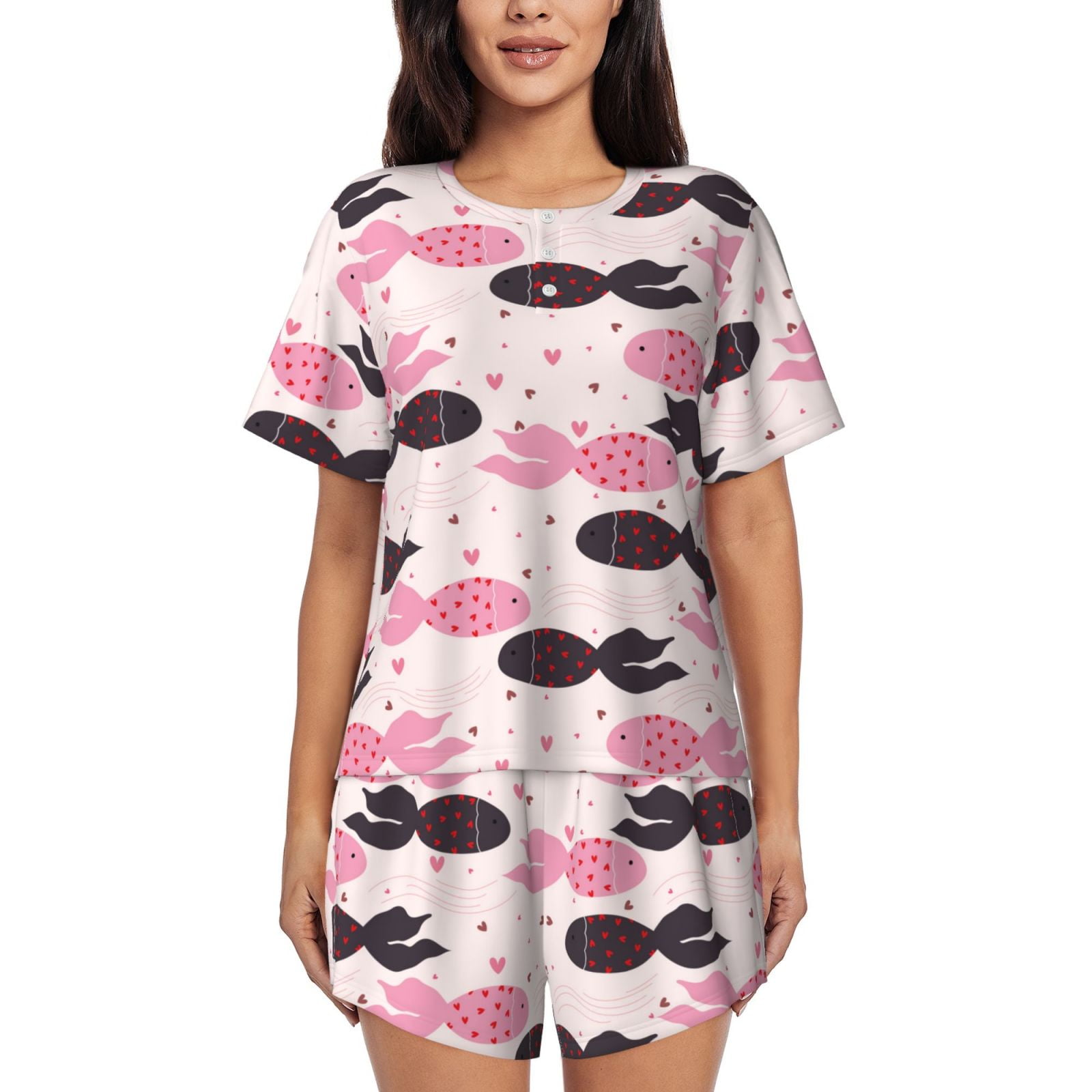 Goofa pink fish hearts for Womens Cotton 2 Piece Pajamas Set Classic ...