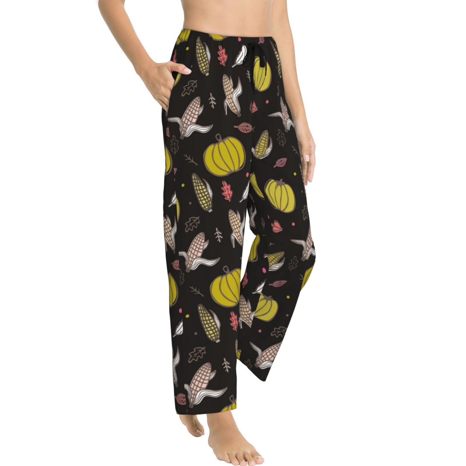 Goofa yellow Pumpkin Corn Printed Soft Pajama Pants for Women, Wide Leg ...