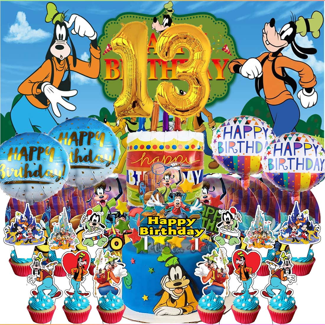 Goofy 13th Tableware Balloons Cake Toppers Backdrop Banner Supplies ...