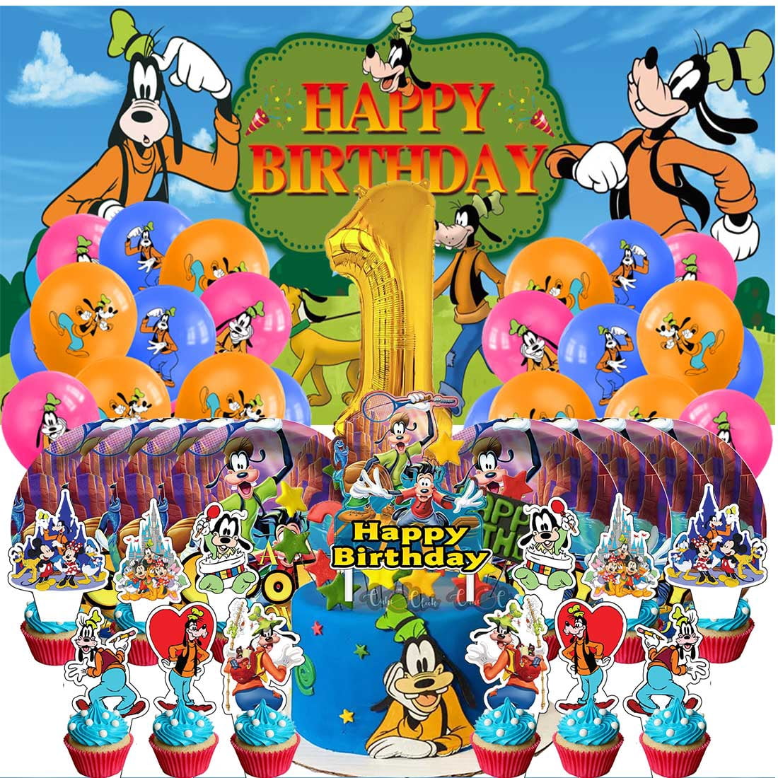Goofy Balloons Party Supplies 1st Decor Tableware Birthday Cake Topper ...
