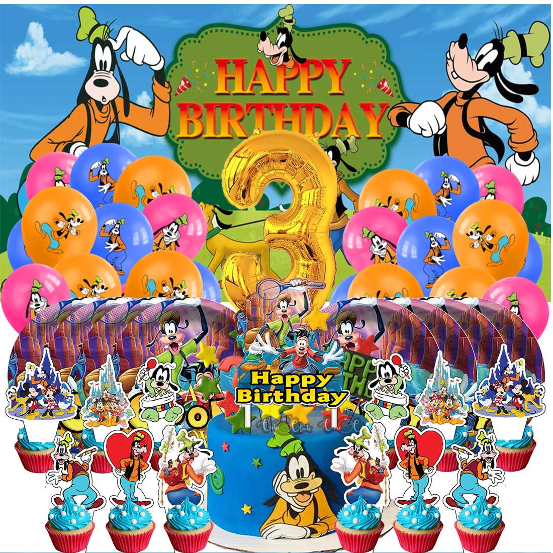 Goofy Balloons Party Supplies 3rd Decor Tableware Birthday Cake Topper Decorations Banner ...