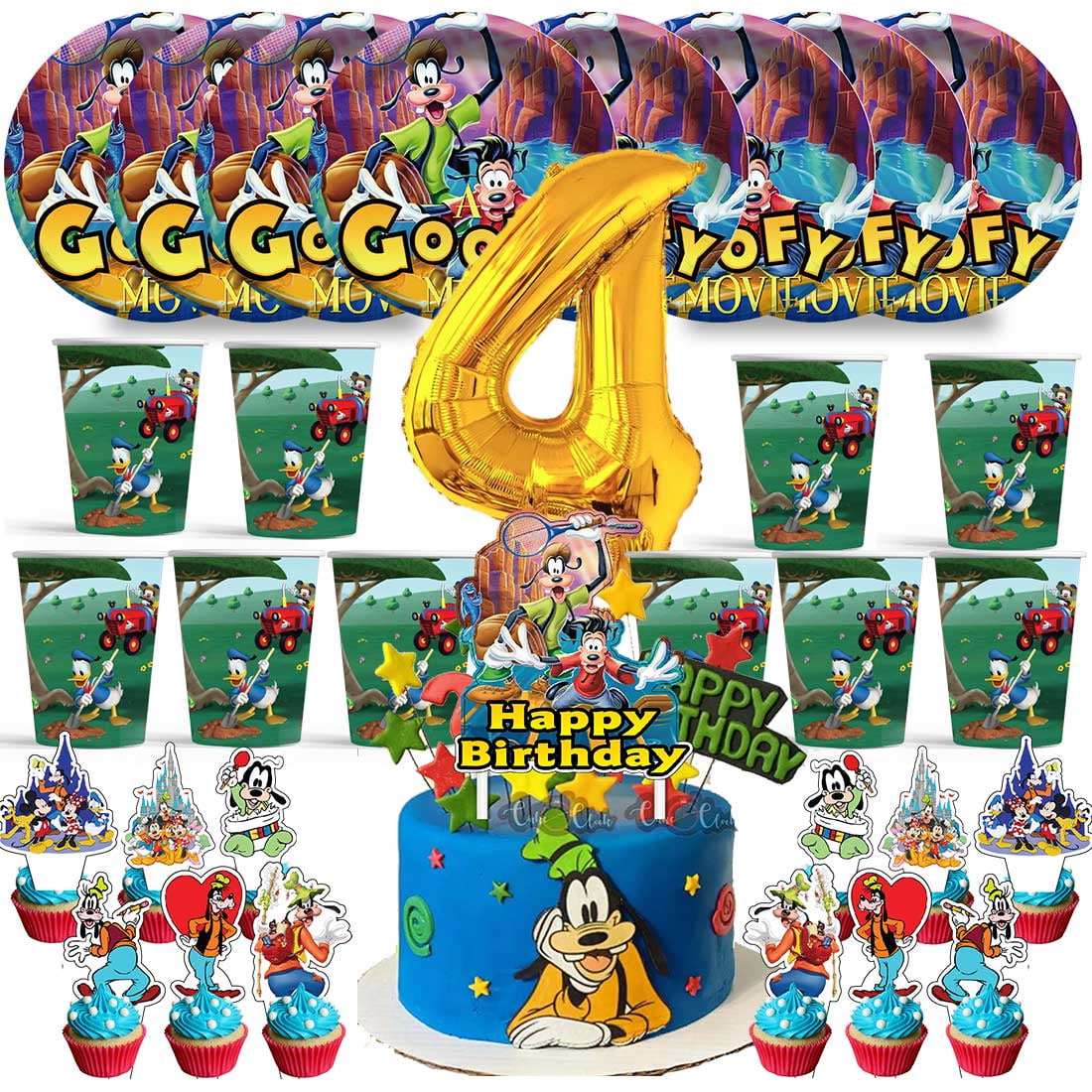 Goofy Birthday 4th Cups Party Supplies Plates Fans Decorations Cake ...