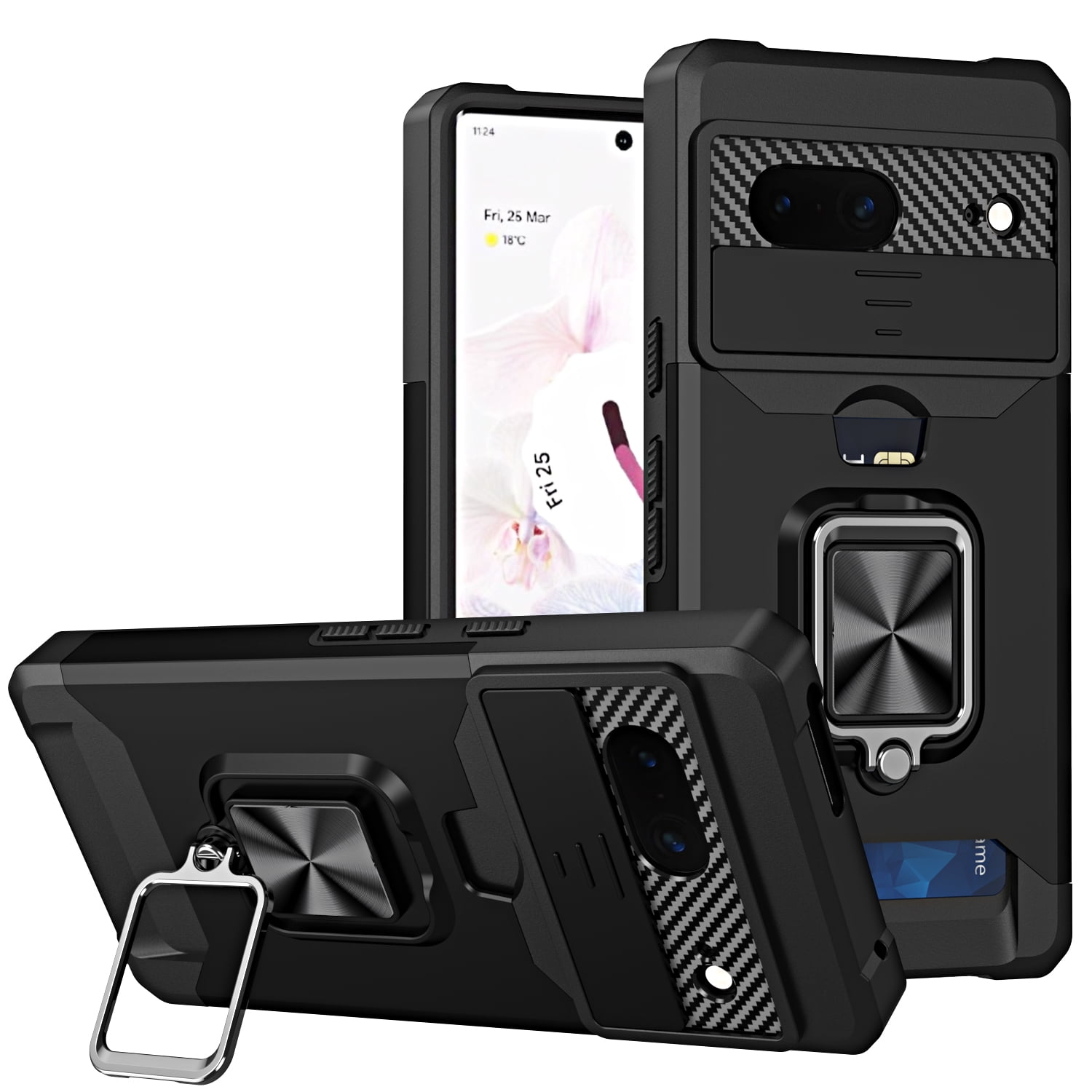 Google Pixel 6 Case with Card Holder Ring Kickstand Slide Camera Cover ...
