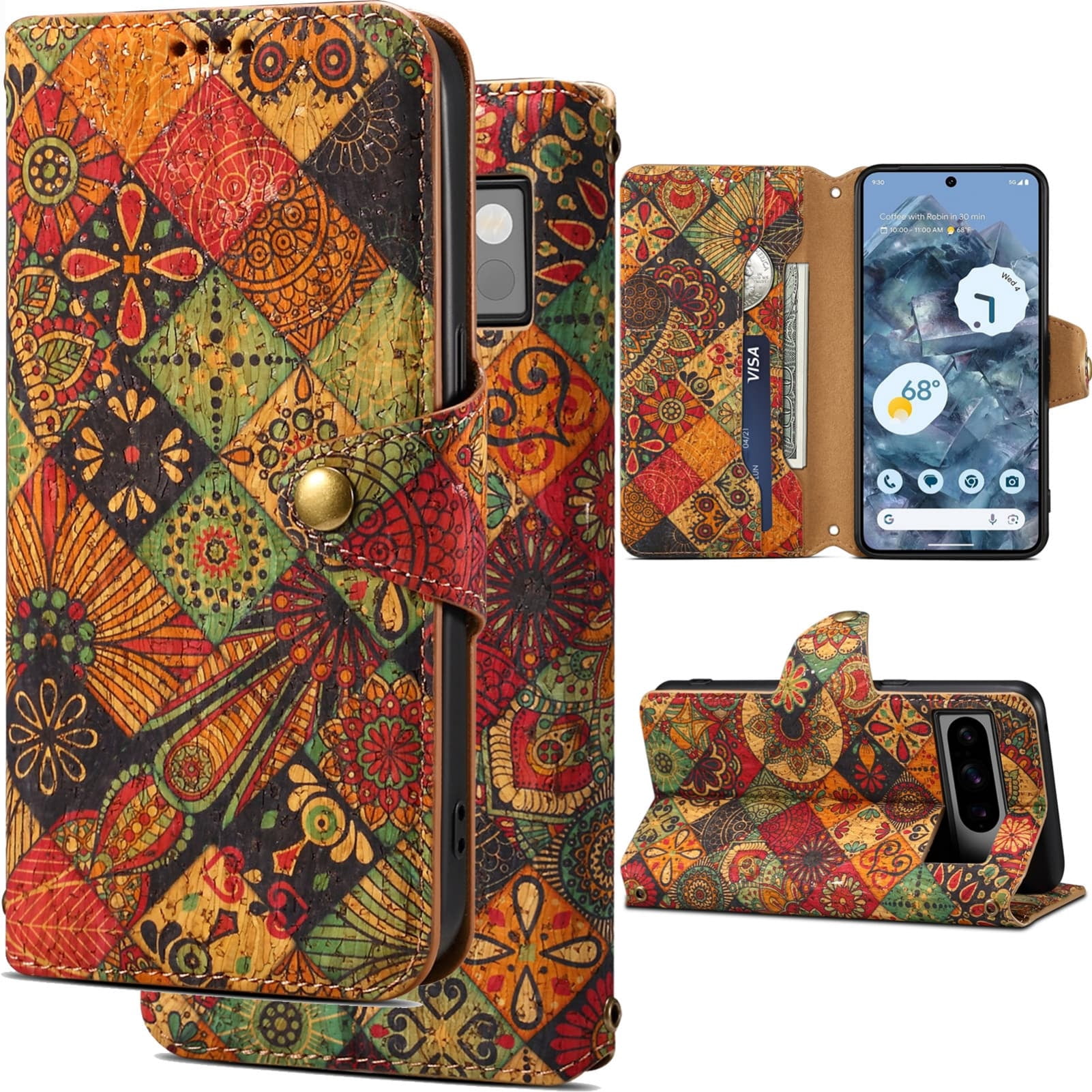 for Google Pixel 8 Cork Wood Phone Case Wallet, Retro Floral Folio Flip ...