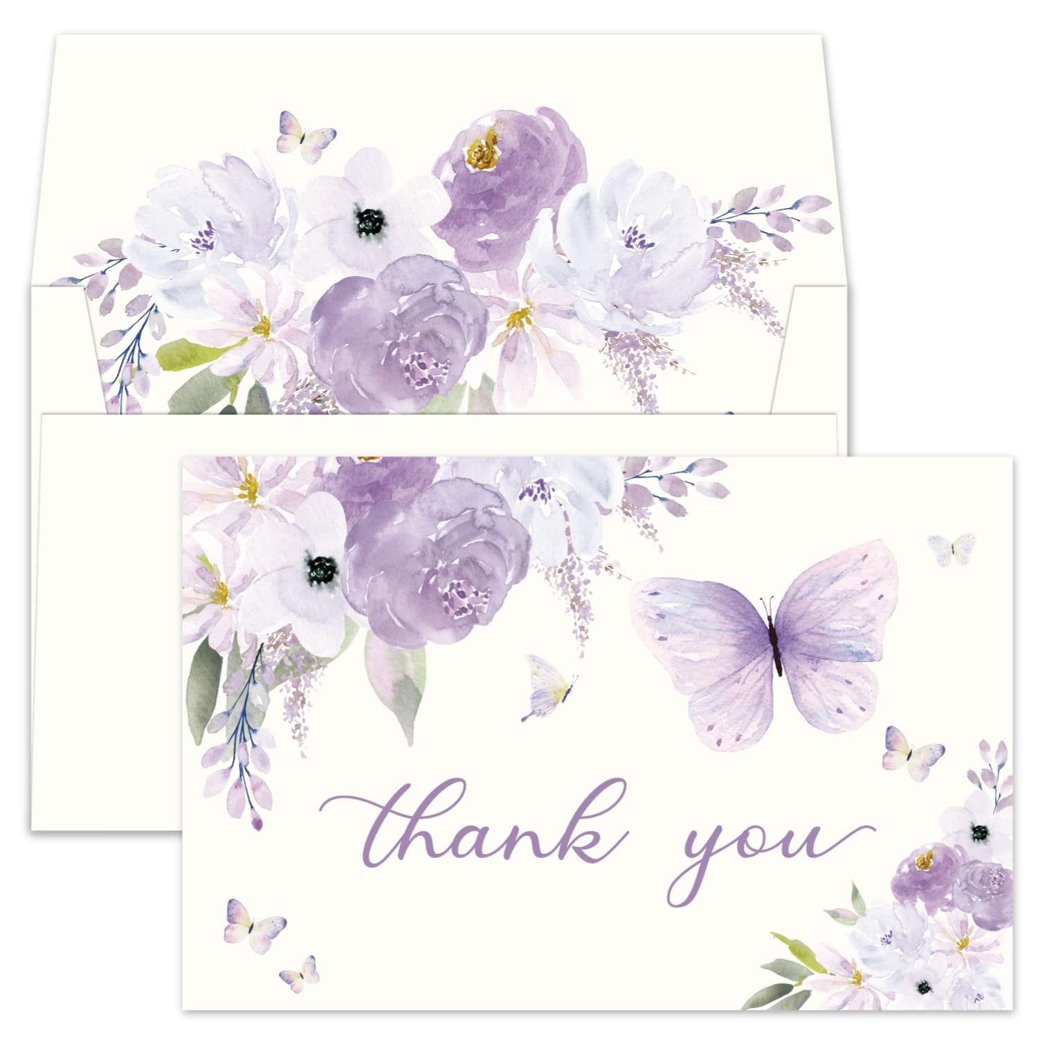 Gooji 4x6 Purple Floral Thank You Cards with Envelopes 20 Pack Matching Peel-and-Seal Envelopes ...