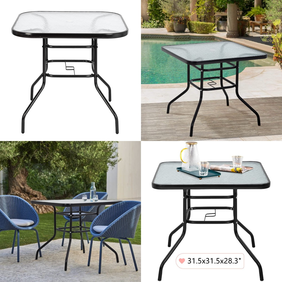 Goorabbit Outdoor Glass Table 32" Square Tempered Glass Metal Table ...