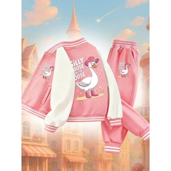 Goose in Boots baseball uniform jacket set funny girls pink polyester ...