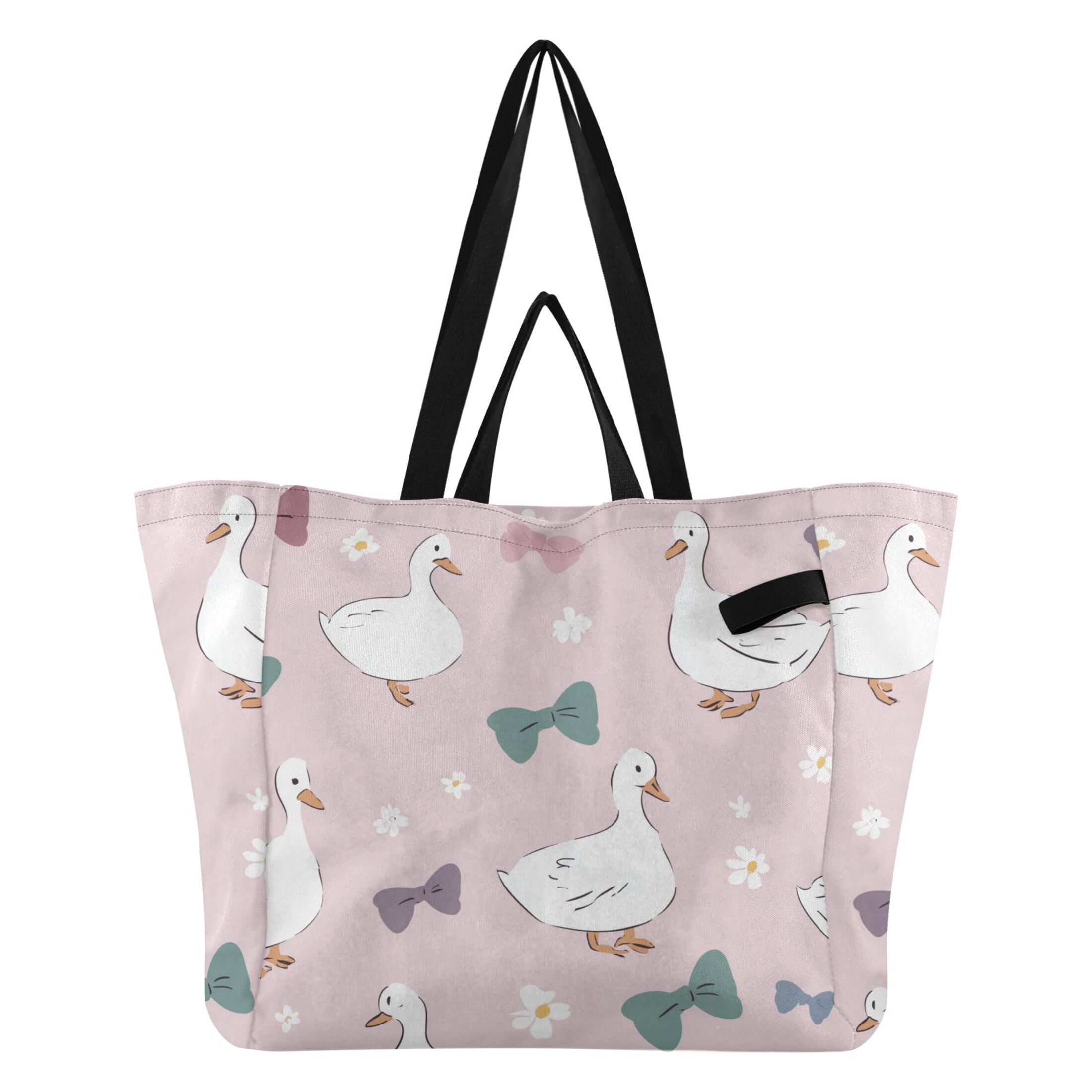 Goose Flowers Bows Cartoon Doodle Style Foldable Canvas Tote Bags ...