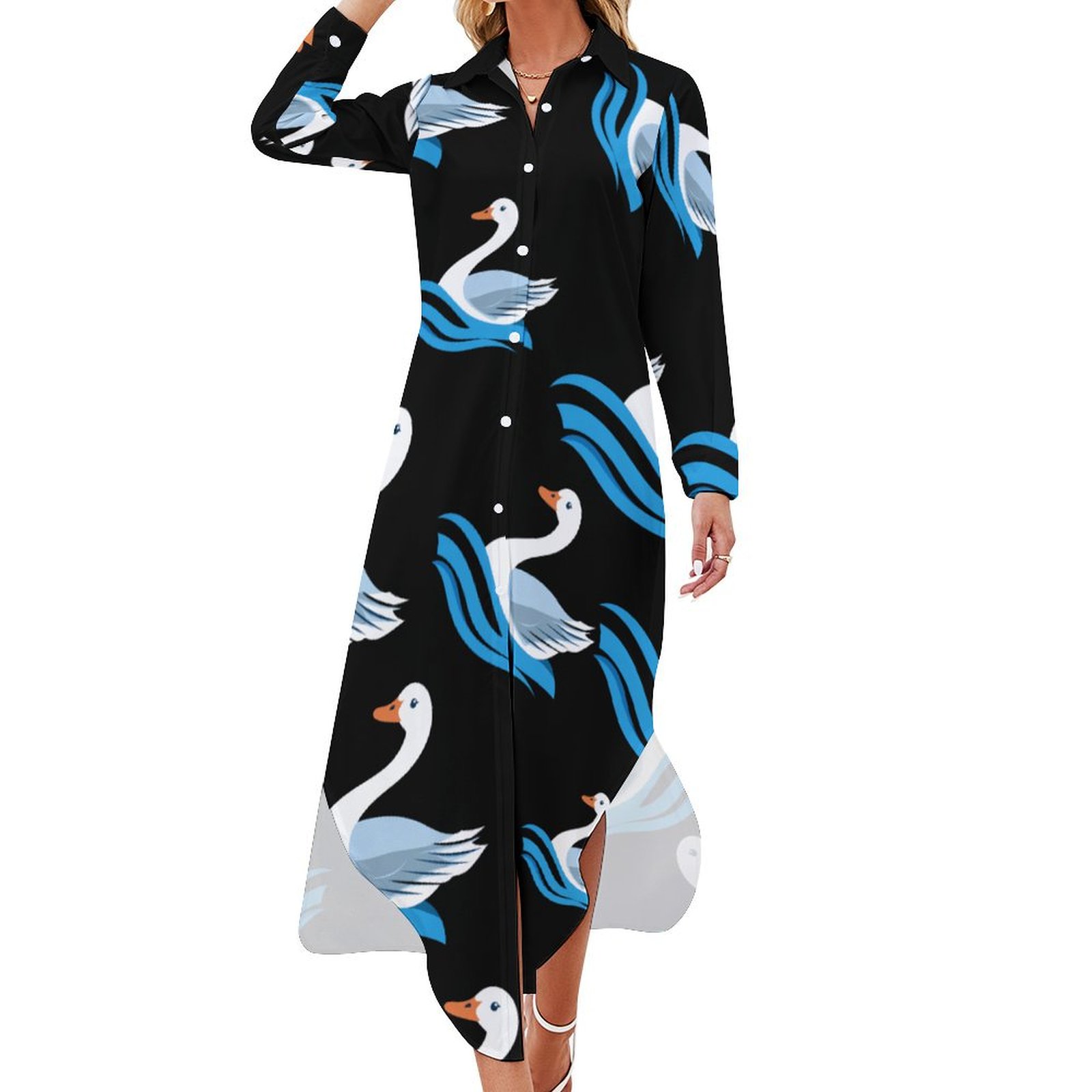 Goose Women's Maxi T Shirt Dress Long Sleeve Lapel Summer Button Down ...