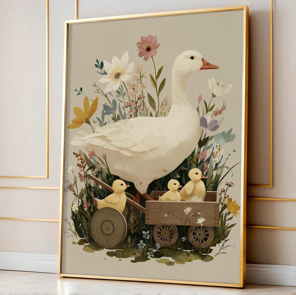 Goose and Goslings Toy Cart Whimsical Folk Nursery Art Print Vintage ...