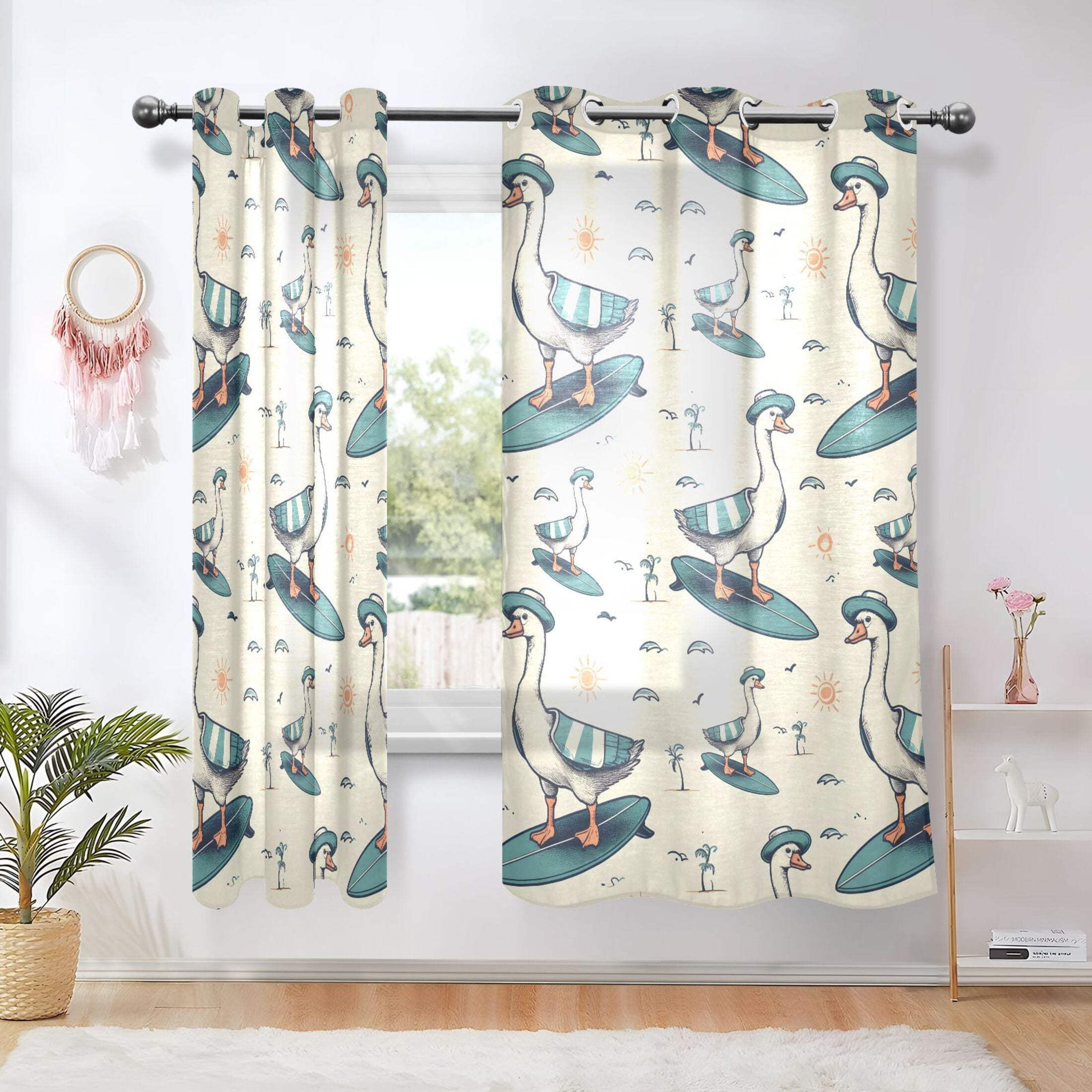 Goose with Hat on Surfer Sheer Curtains 2 Panels Set Grommet Drapes for ...