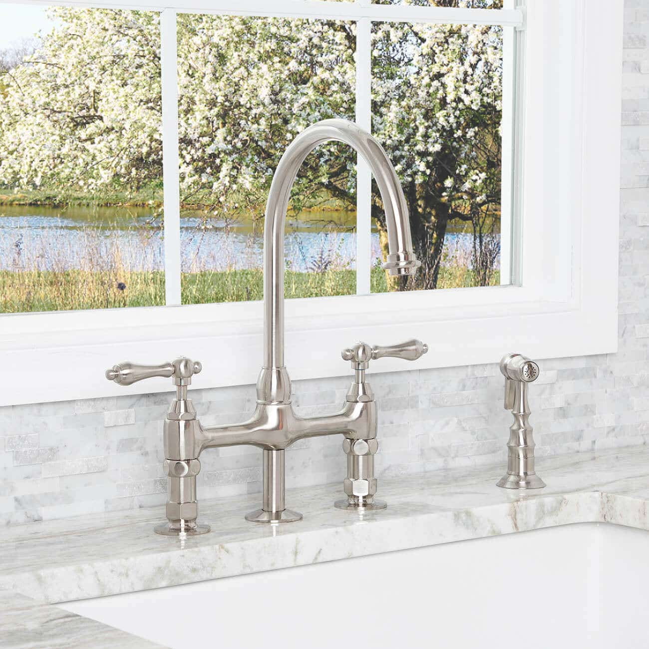 Gooseneck Bridge Style Kitchen Faucet - Metal Lever Handles - Walmart.com
