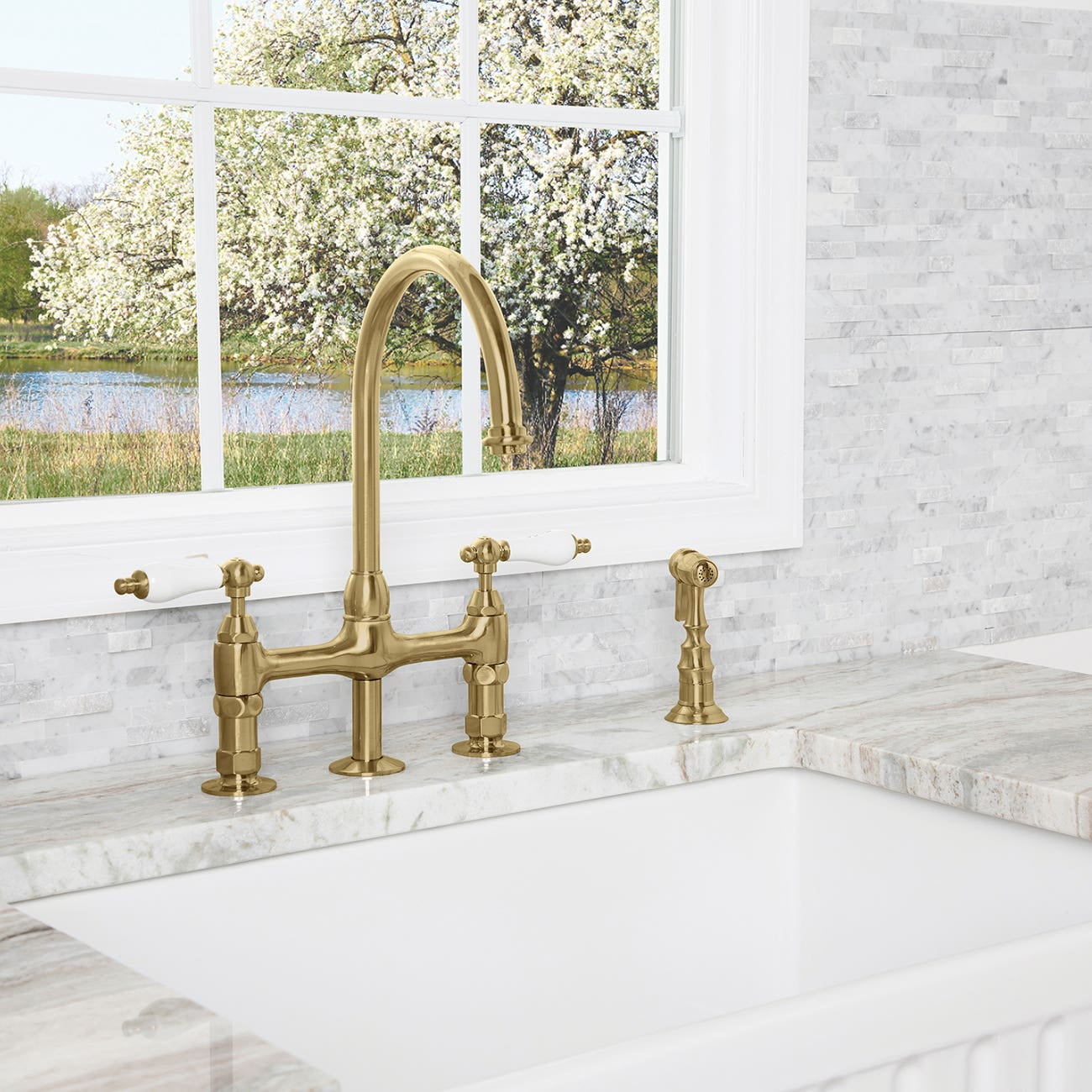 Gooseneck Bridge Style Kitchen Faucet - Porcelain Lever Handles ...