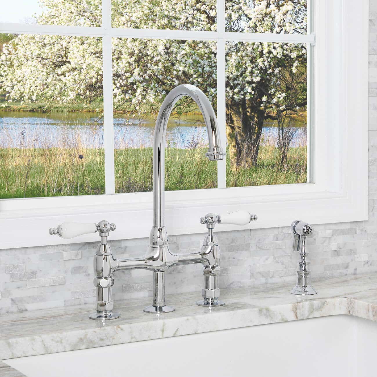 Gooseneck Bridge Style Kitchen Faucet - Porcelain Lever Handles ...