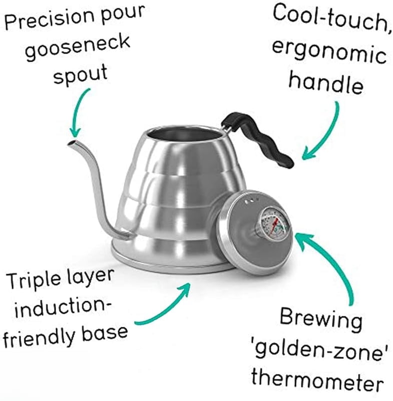 Gooseneck Kettle with Thermometer - 34oz Premium Stainless Steel Pour ...