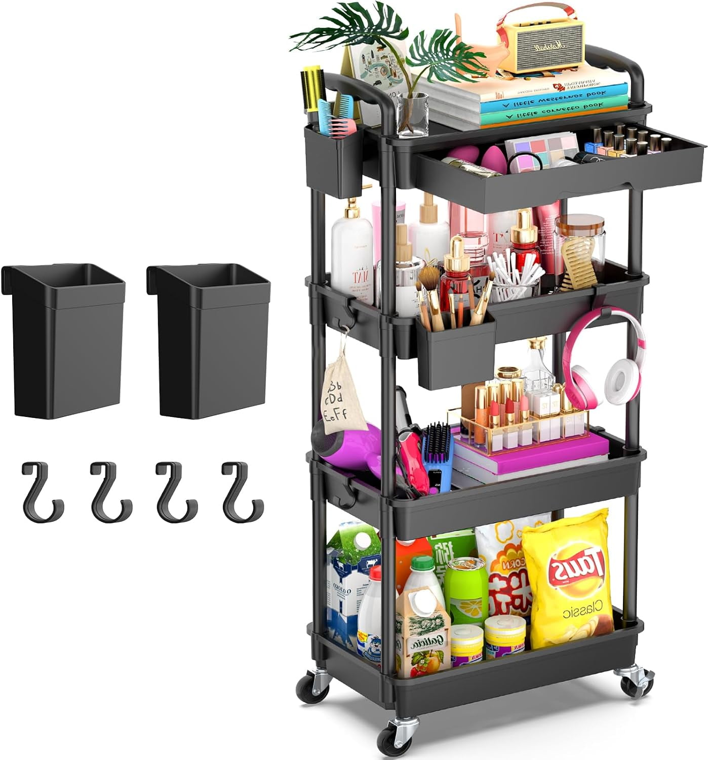 Goovilla 4 Tier Rolling Utility Cart Organizer with Removable Drawer ...