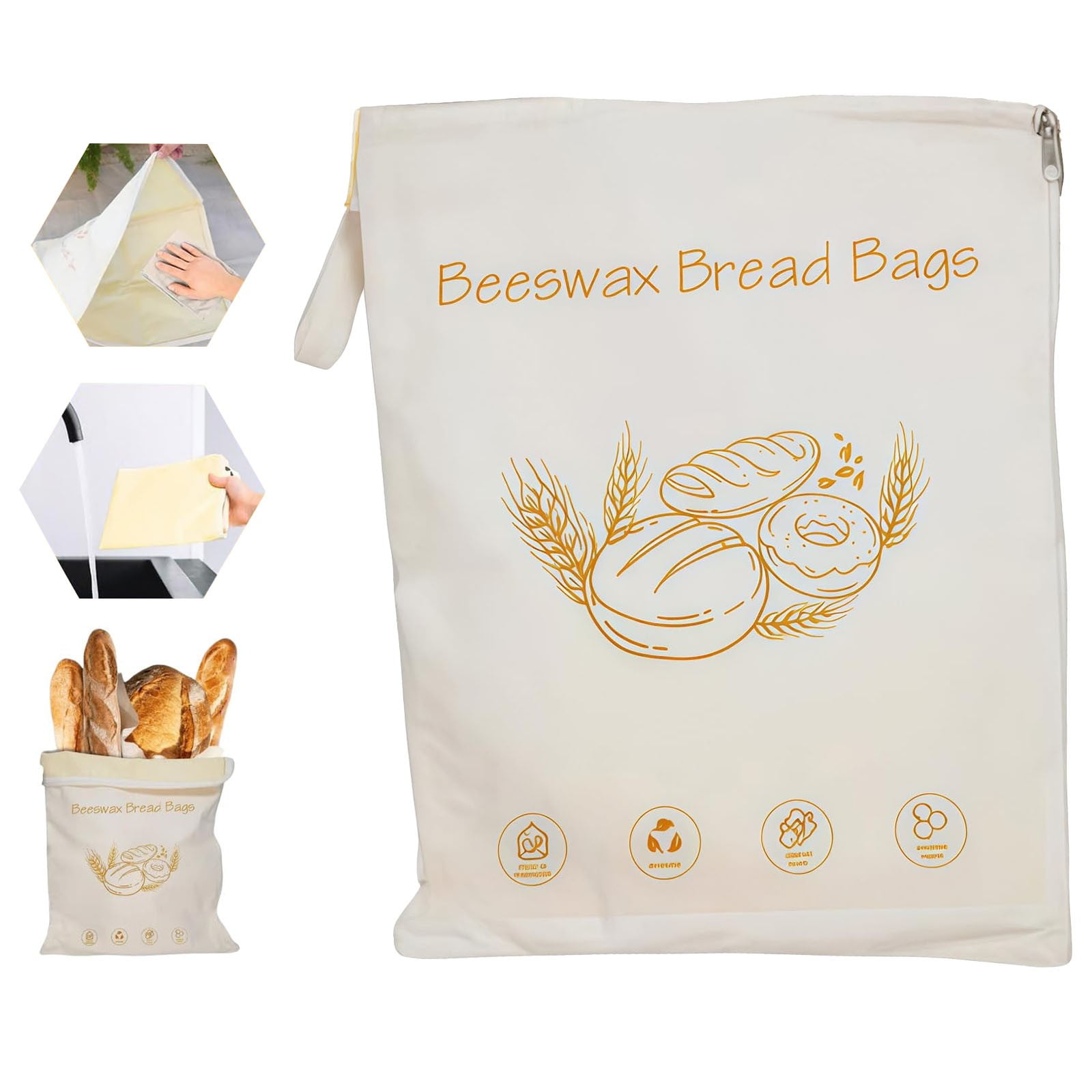 Goowood 3 Pack Reusable Beeswax Bread Bags Large Cotton Food Storage ...