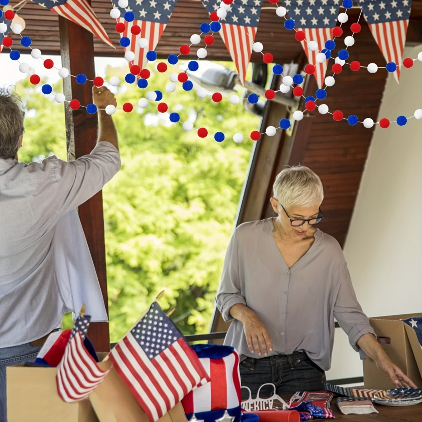 Goowood 4th of July Pompom Garland Patriotic Red White Blue Wool Ball ...
