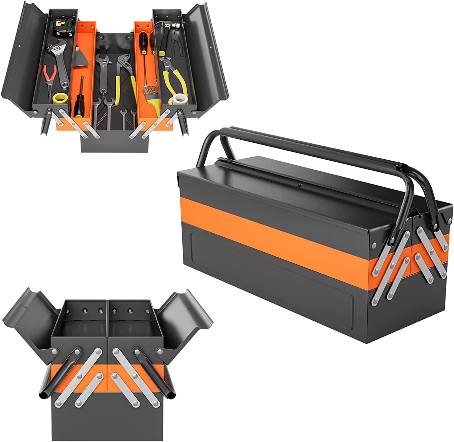 Goplus 22-Inch Metal Tool Box, 3-Layer 5-Tray Portable Folding Tool ...
