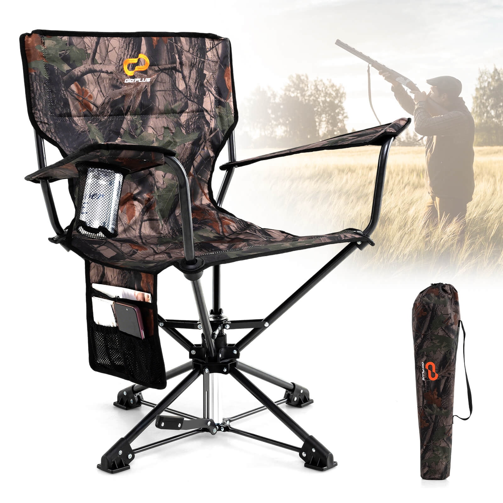 Goplus 360° Swivel Hunting Chair with Mesh Cup Holder & Storage Pockets ...