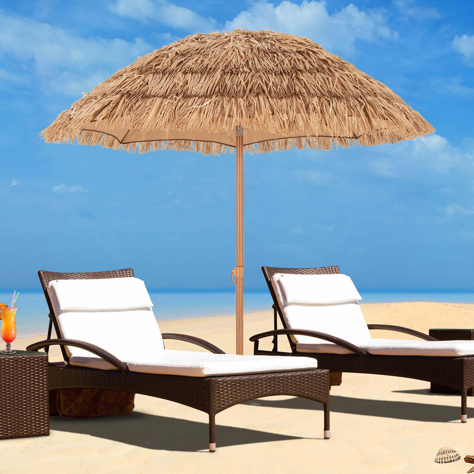 Goplus 6.5 FT Hula Thatched Tiki Beach Umbrella 30° Tilting Hawaiian ...