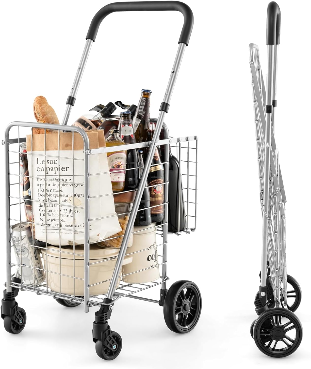 Goplus Folding Shopping Utility Cart, Double Basket and 360° Swivel ...