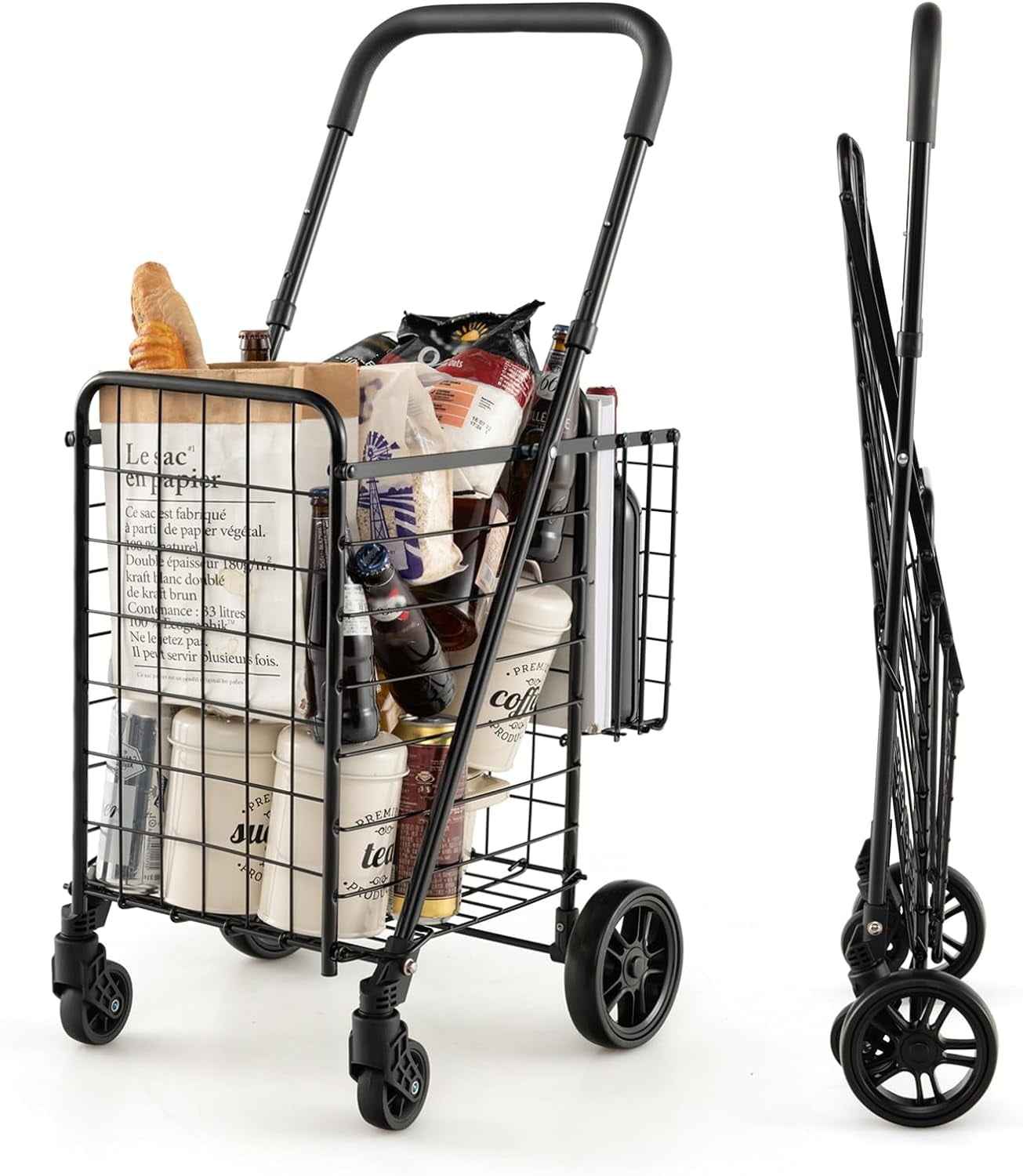 Goplus Folding Shopping Utility Cart, Double Basket and 360° Swivel ...