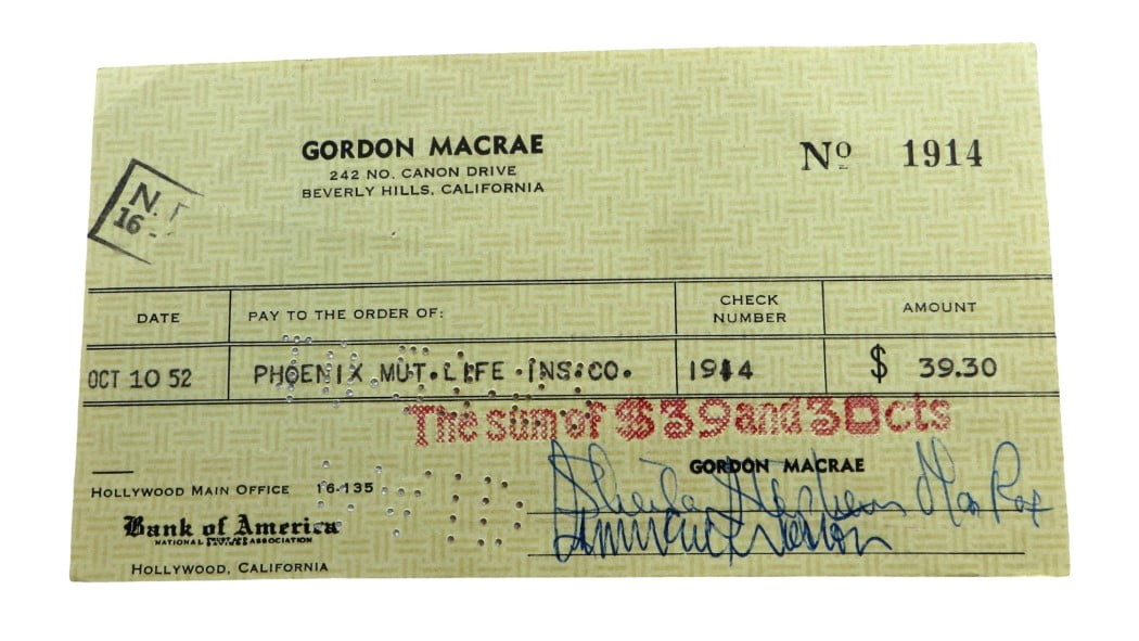 Gordon MacRae Signed Autographed Bank Check Actor 10/10/52 JSA AW92932 ...