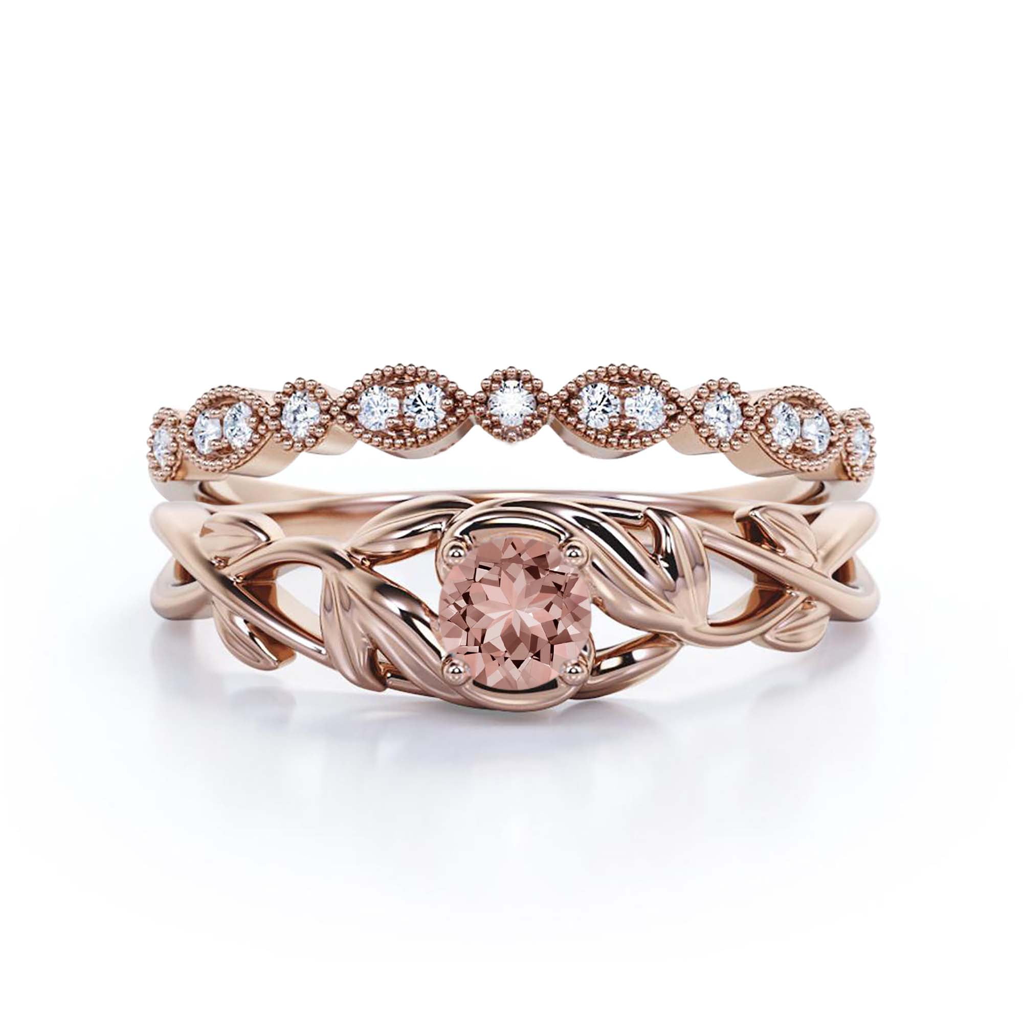 Gorgeous Boho & hippie 1.00 Carat Round Morganite And Diamond Moissanite Leaf Inspired ...