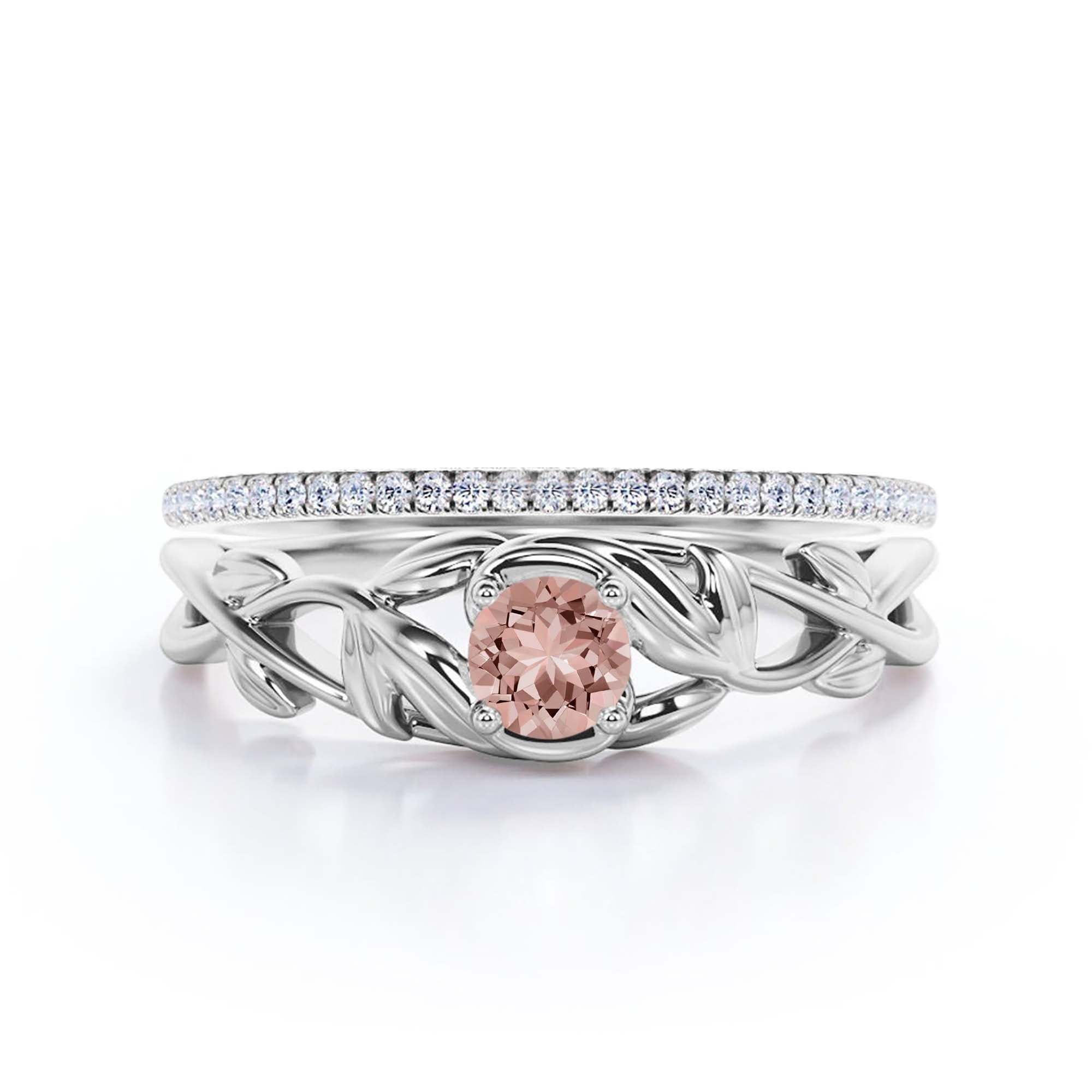 Gorgeous Boho & hippie 1.00 Carat Round Morganite And Diamond Moissanite Leaf Inspired ...
