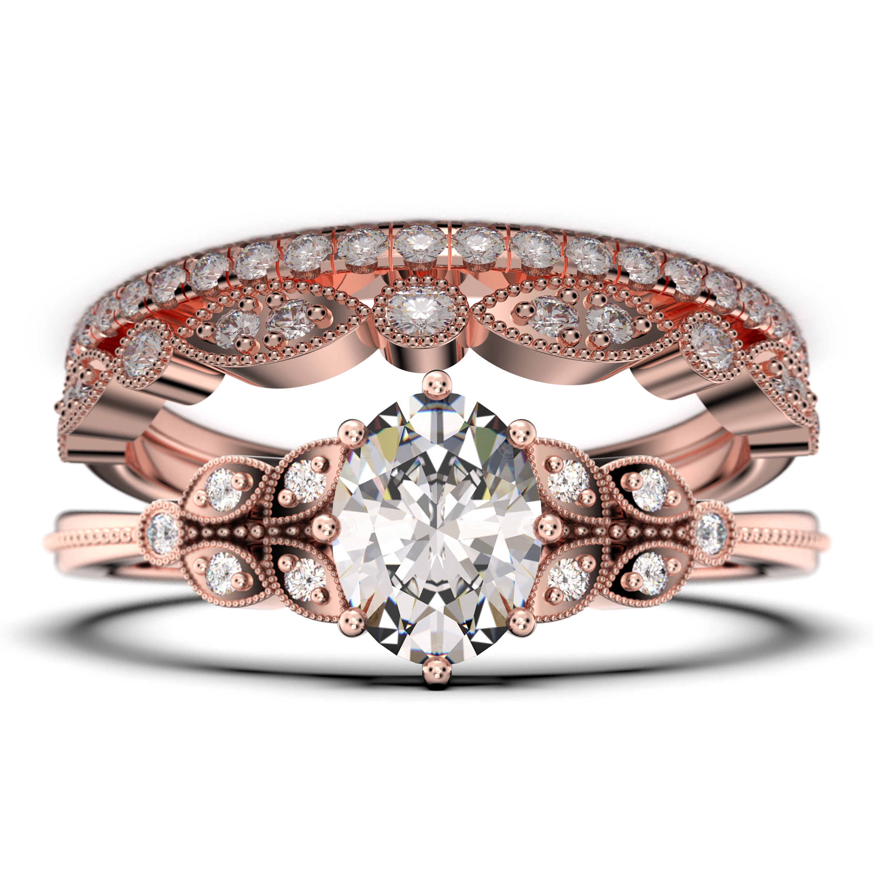 Gorgeous Boho & hippie 2.25 Carat Oval Cut Vintage Look Diamond Moissanite Engagement Ring Set ...