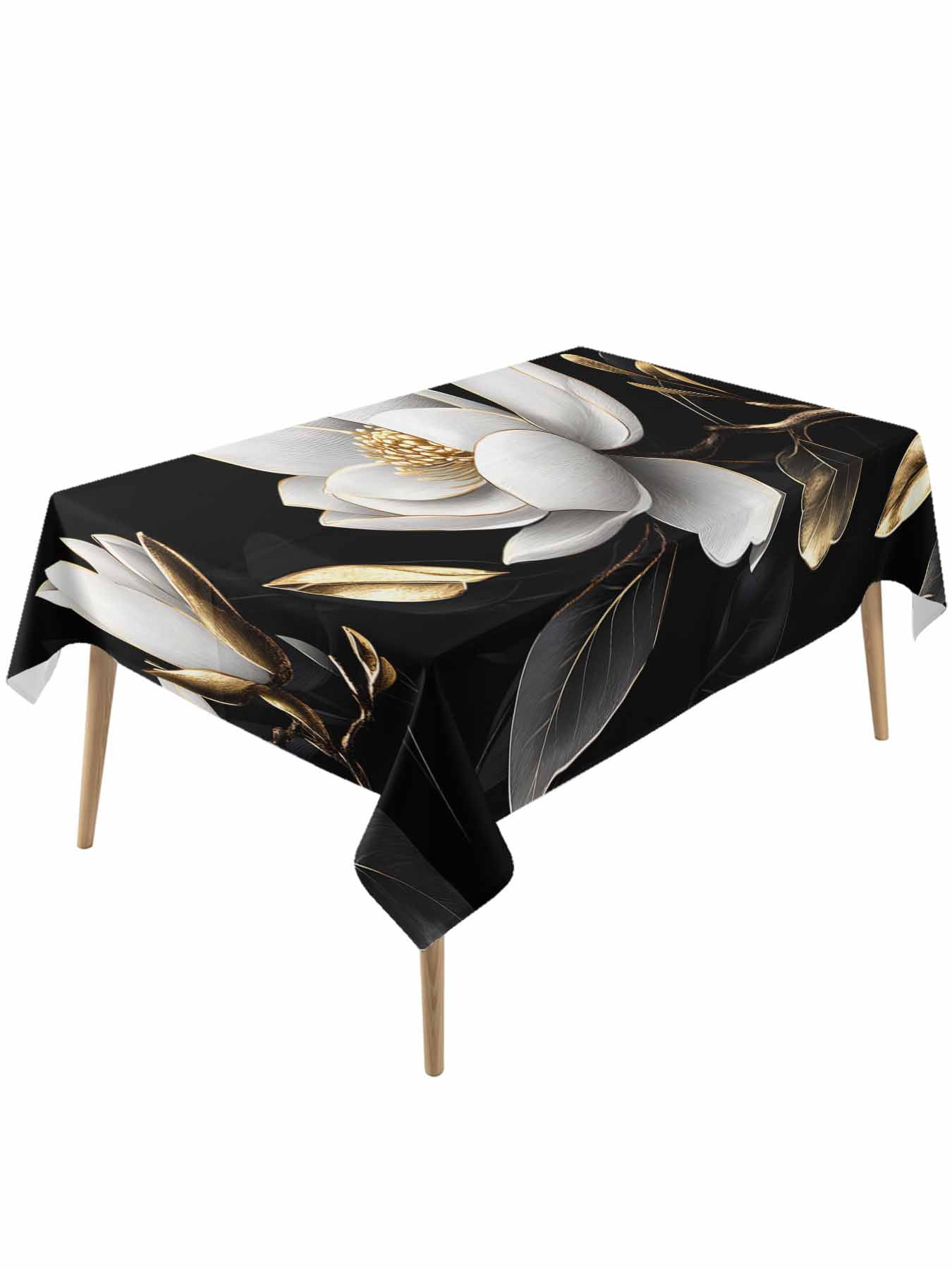 Gorgeous Flowers Table Cloth, White Gold Floral Botanicals Black ...