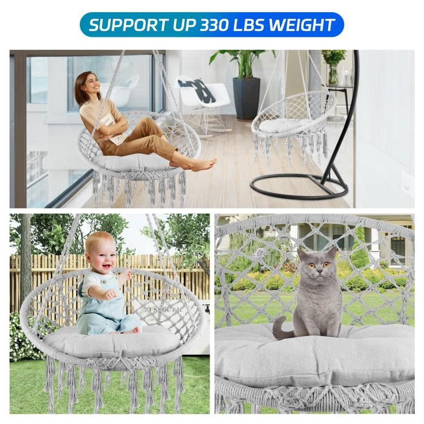 Gorgeous Gray Boho - Style Hand - Woven Rope Hanging Swing Chair with ...