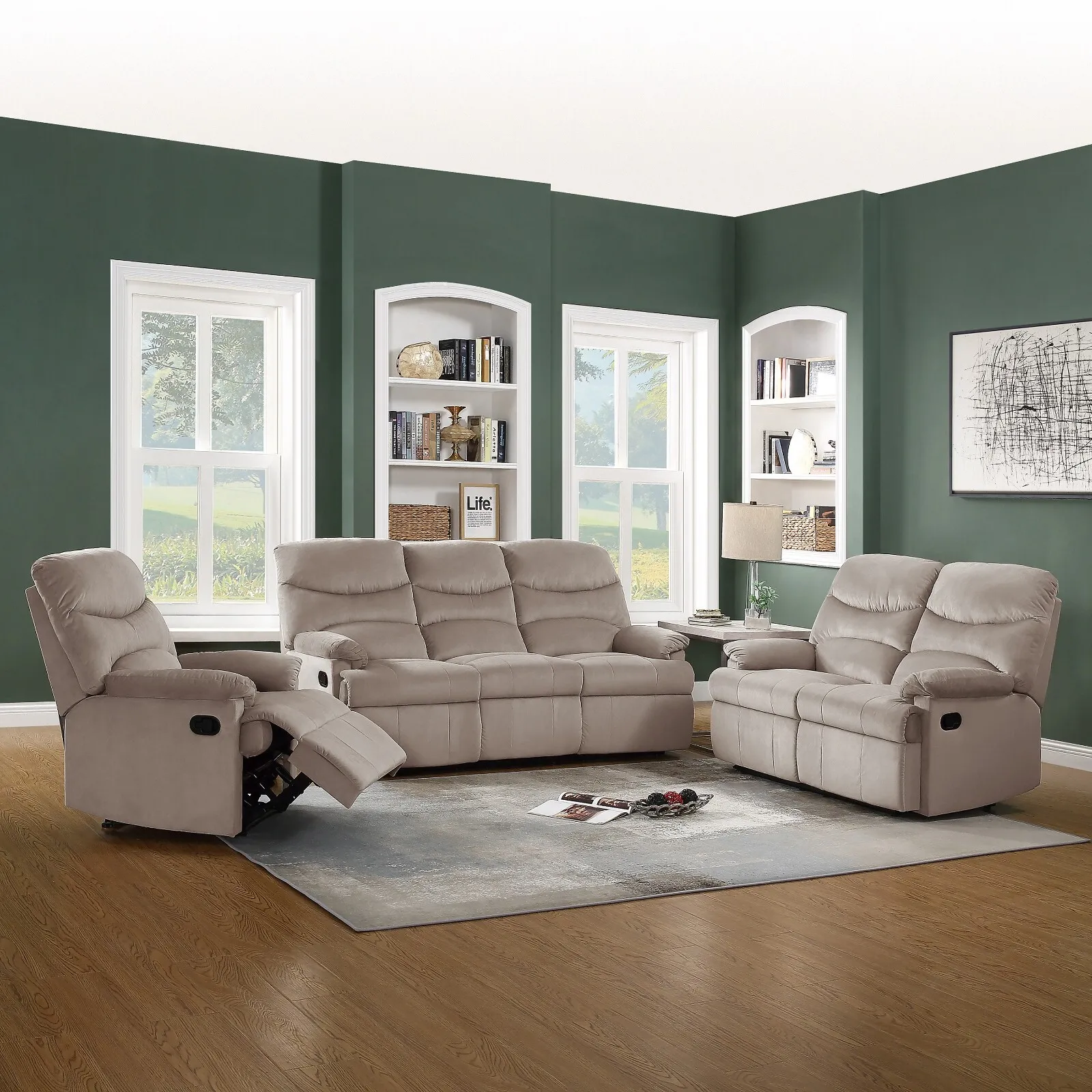 Gorgeous Light Brown Velvet 3pc Sofa Set Manual Reclining Motion Sofa Loveseat Recliner Chair ...