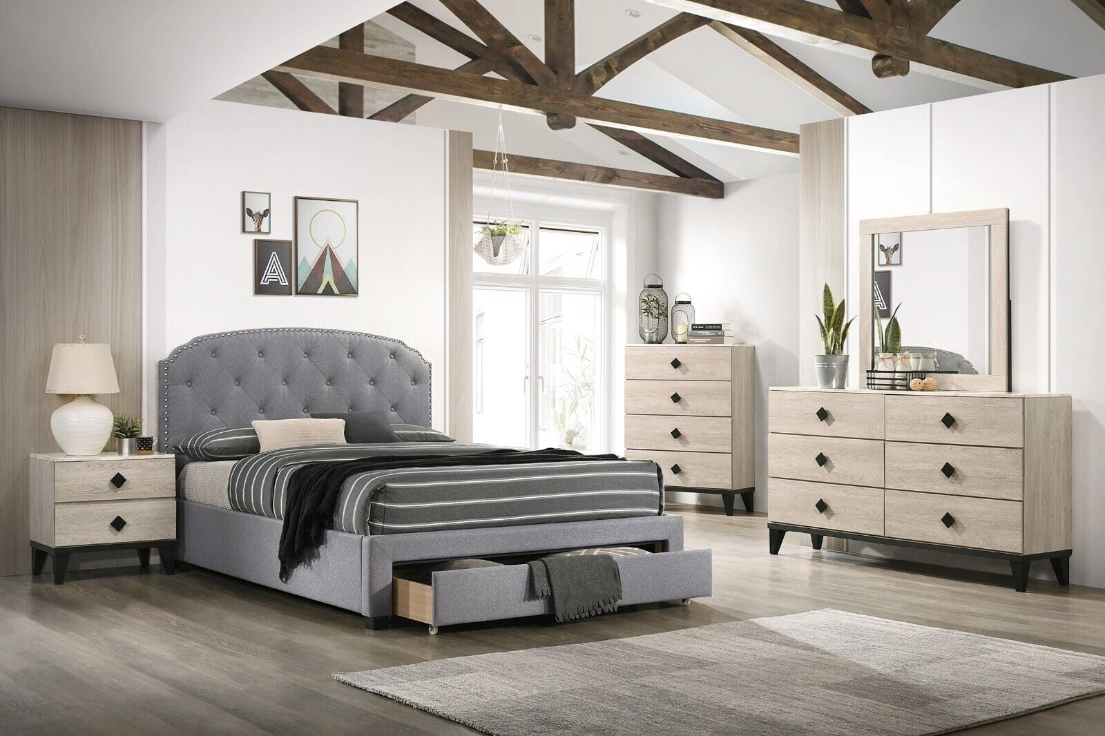 Gorgeous Light Grey Full Size Bed Dresser Mirror Nightstand 4pc Bedroom ...