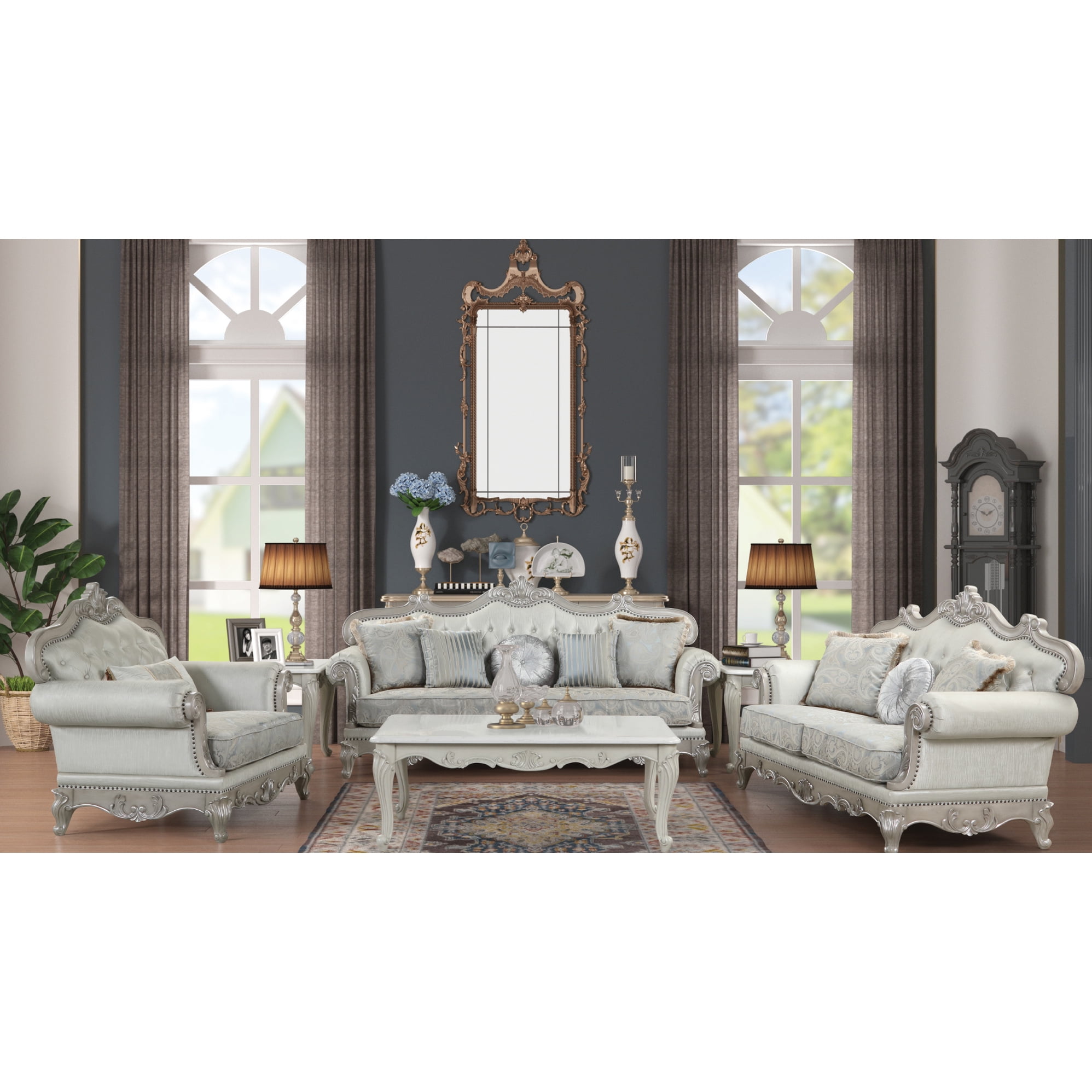 Gorgeous Living Room In Gray, Wood Frames With Coordinated Tufting For ...
